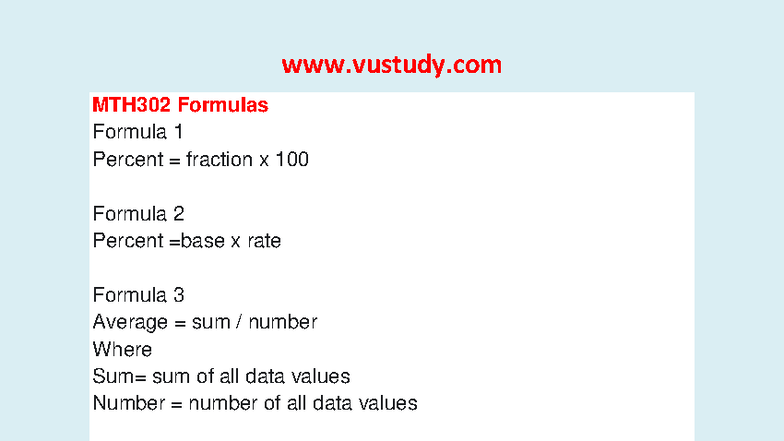 MTH302 Formulas: Comprehensive Study Guide for Key Concepts - Studocu