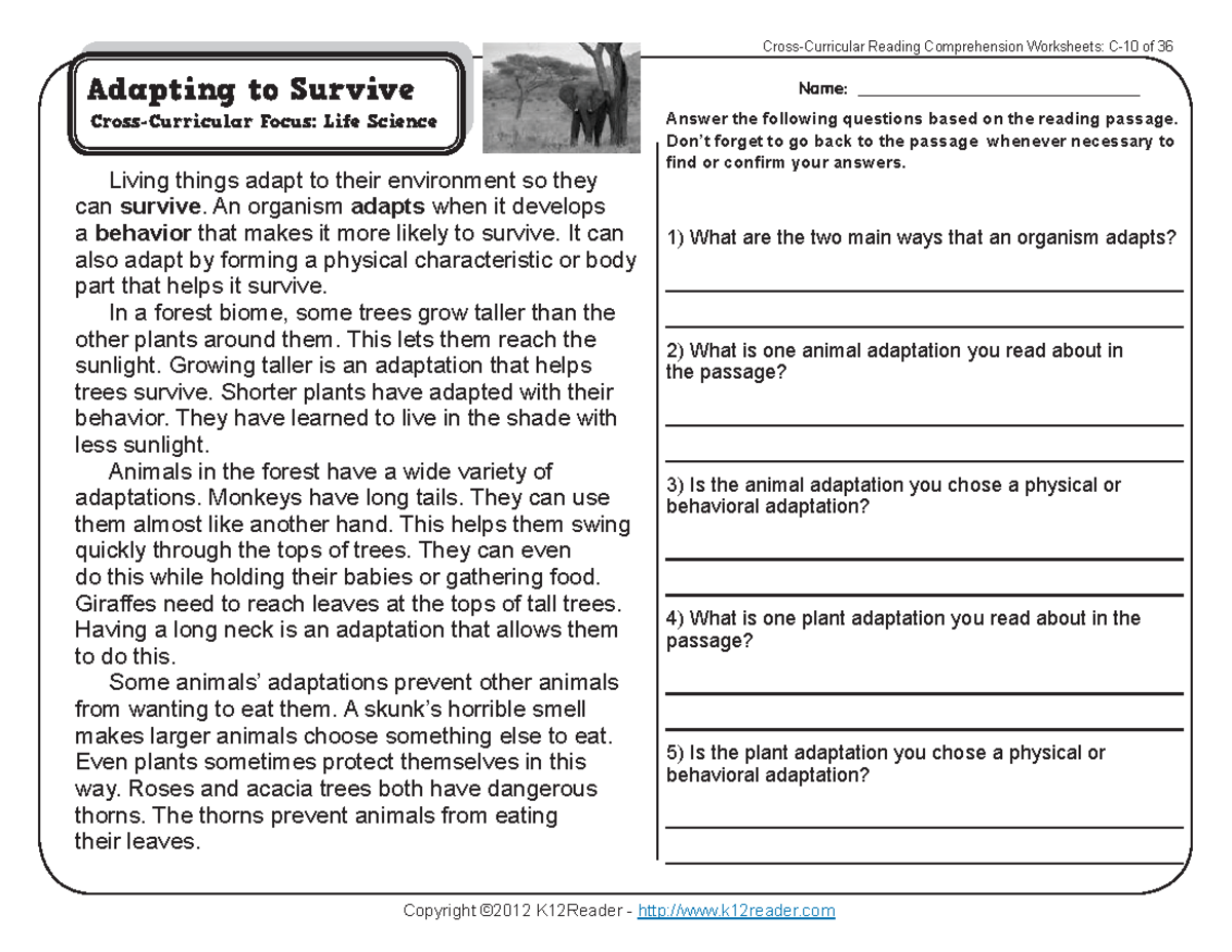 Gr3 Wk10 Adapting to Survive - Copyright ©2012 K12Reader - k12reader ...