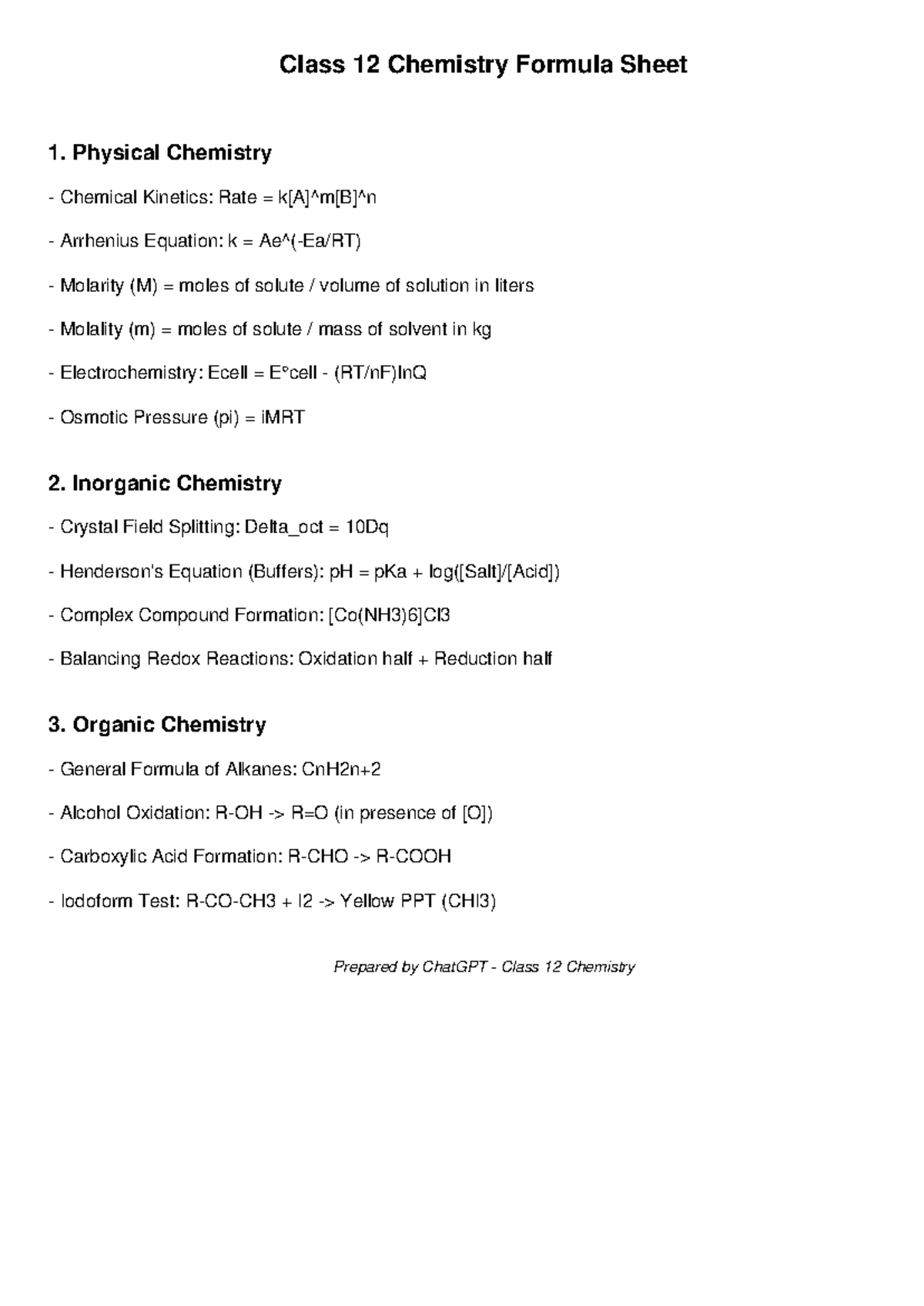 Class 12 Chemistry Formulas - Class 12 Chemistry Formula Sheet 1 ...