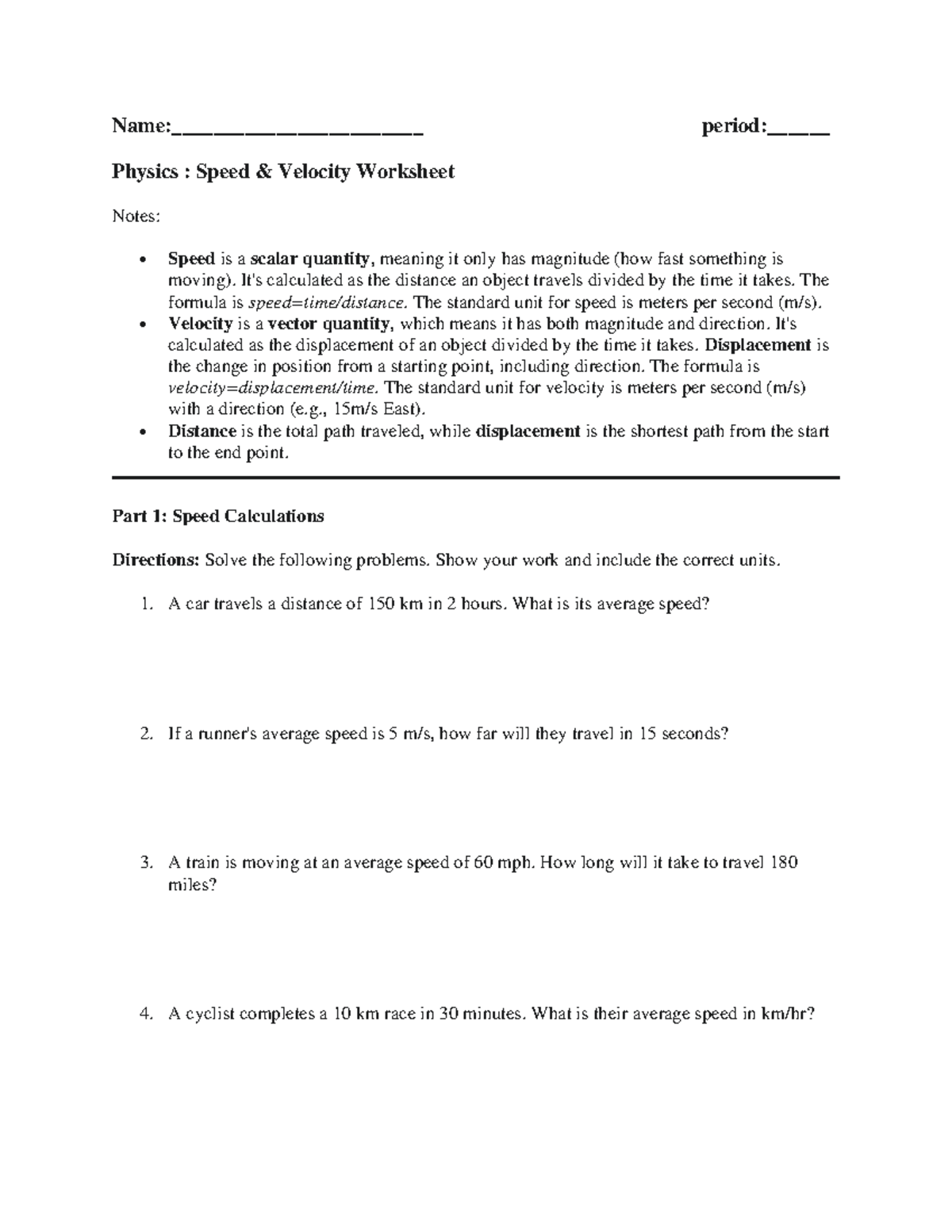 Physics 101: Speed and Velocity Worksheet Notes - Studocu