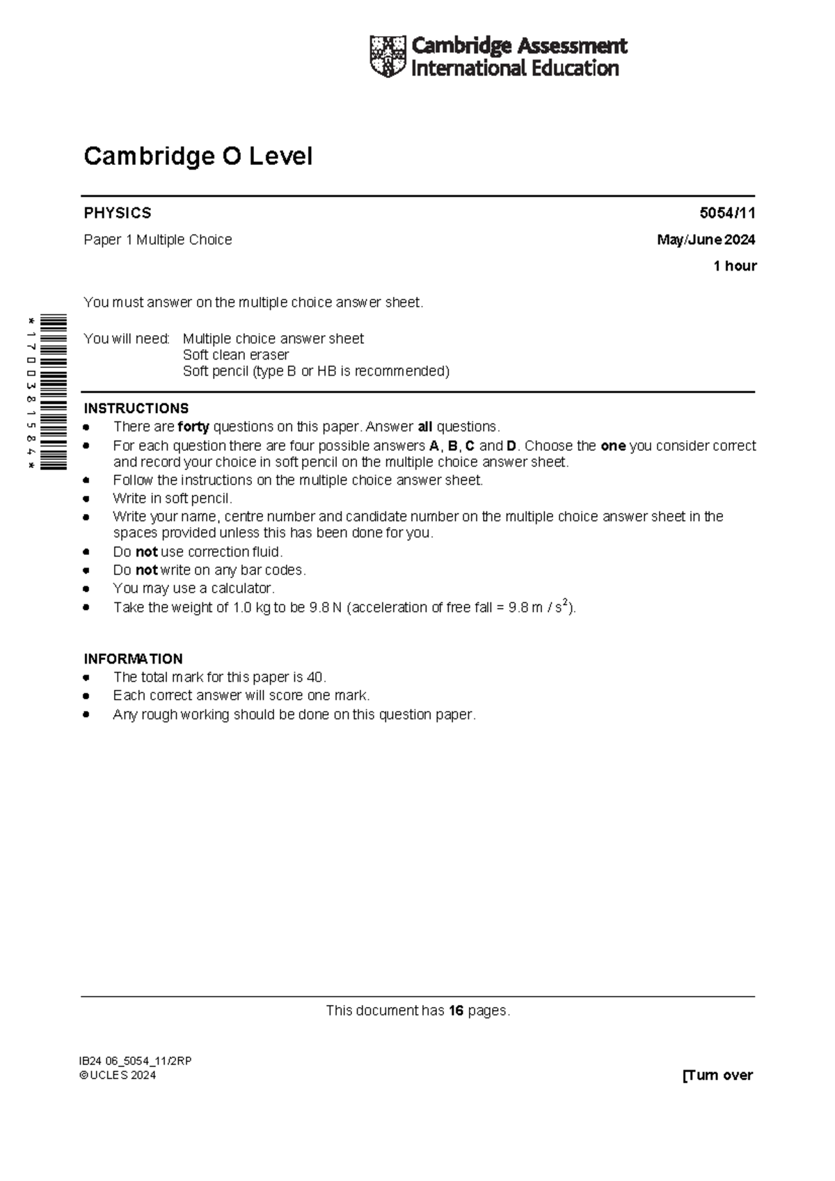 5054 s24 qp 11 - Practice material for physics 5054 - This document has ...