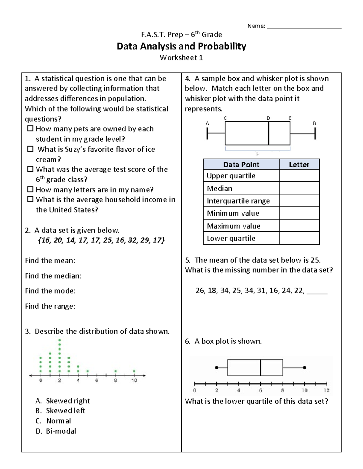 6th Grade Math Data Analysis Practiceby Domain 5Worksheets-1-1 - F.A.S ...