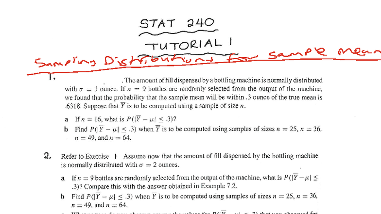 STAT 240 TUTORIAL I: Sampling Distributions & Probabilities Analysis - Studocu