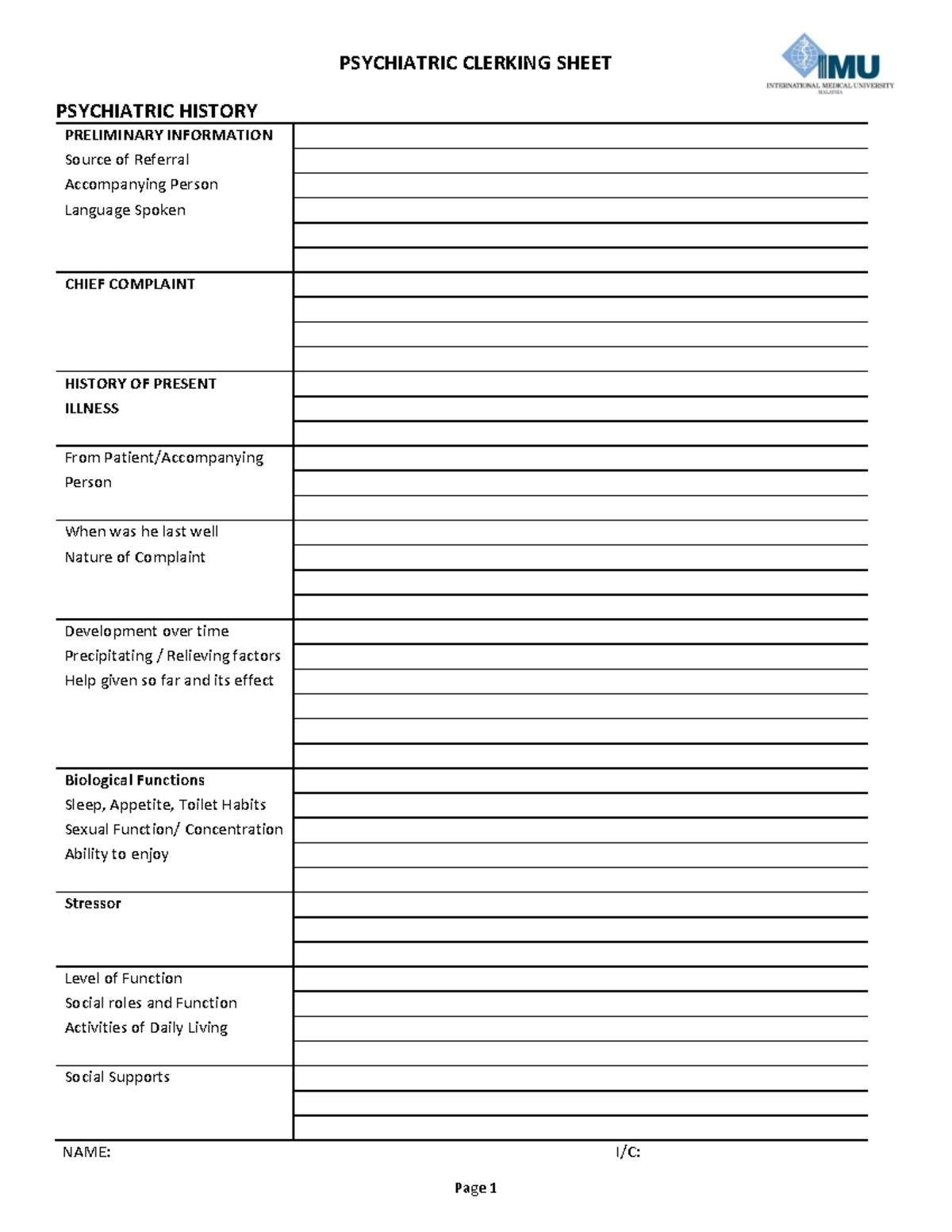 PSY 7: Psychiatric Clerking Sheet & History Examination Guide - Studocu