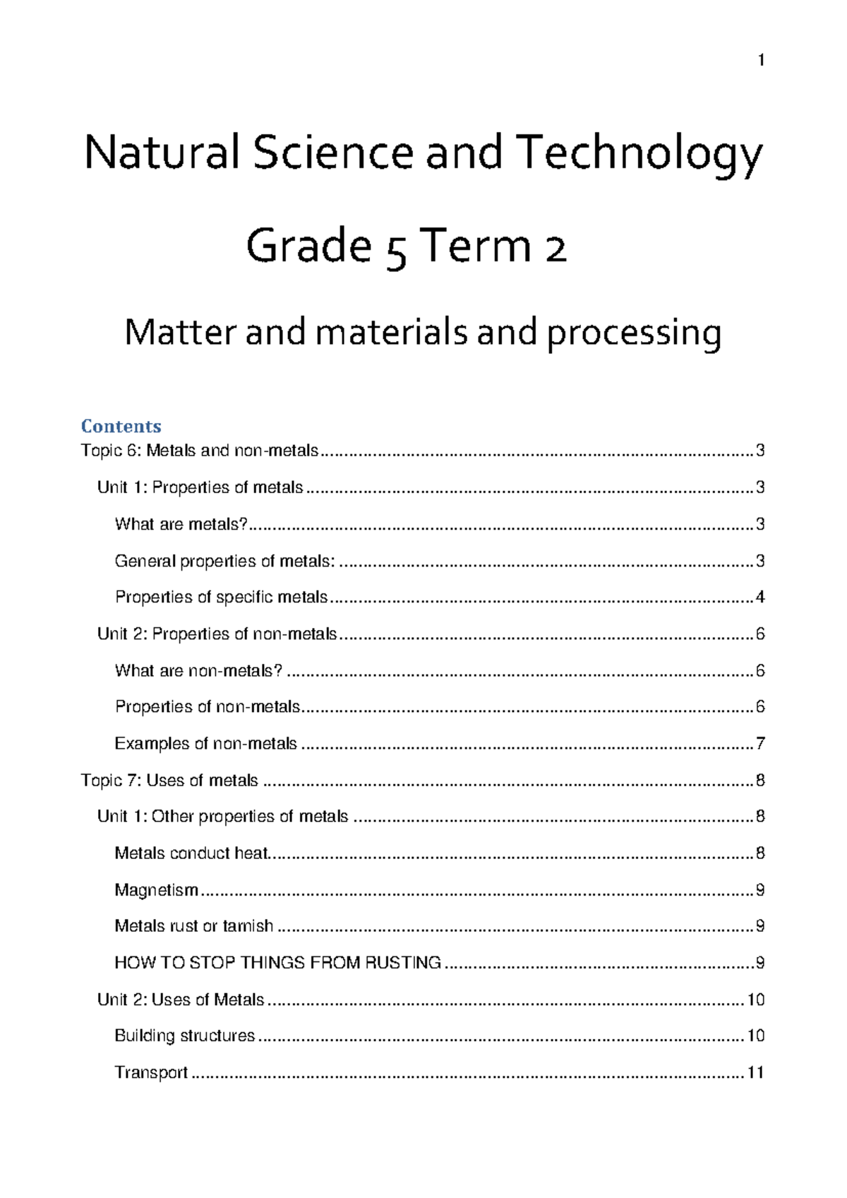 Grd 5 NS Tech T2 2018: Matter, Metals, & Non-Metals Overview - Studocu