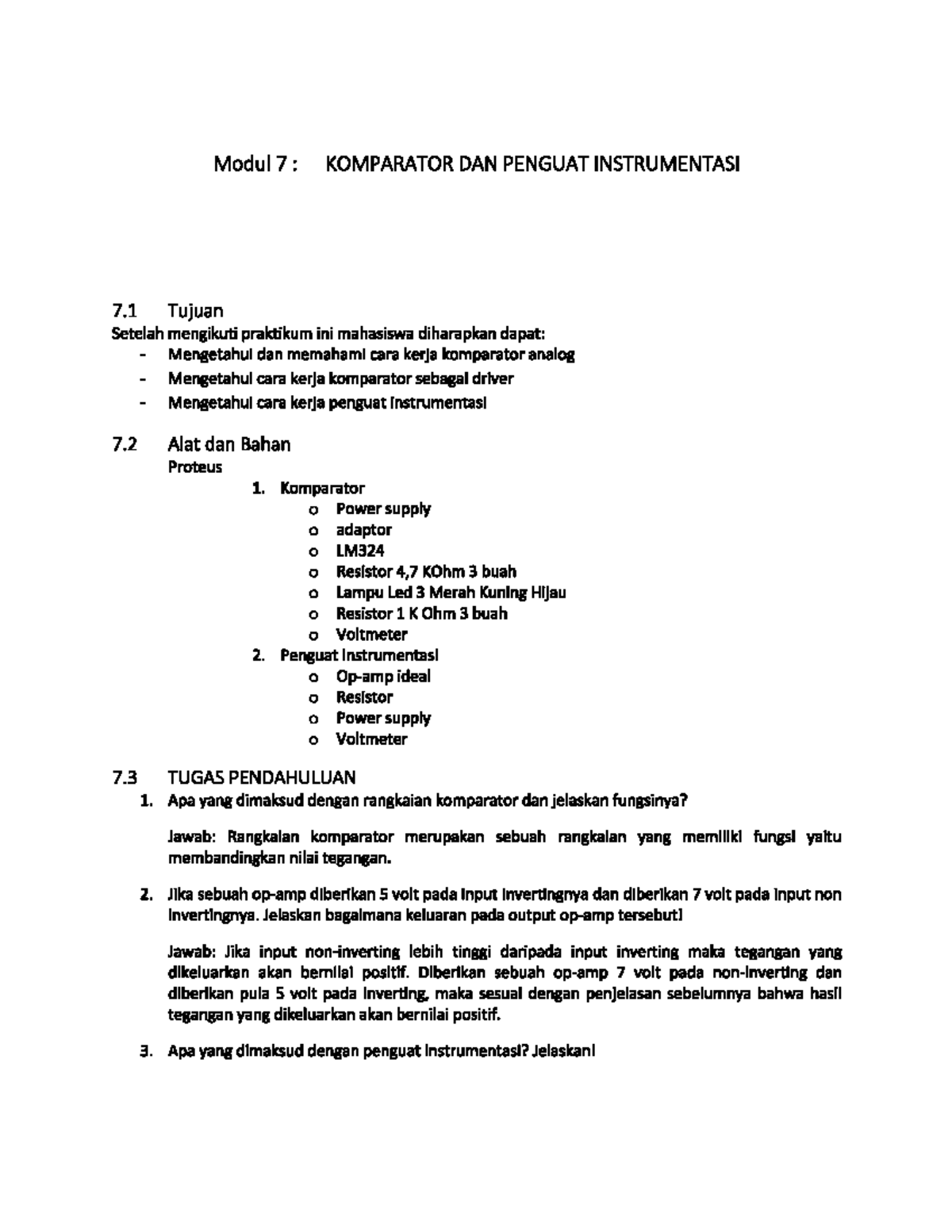 Modul 7: Komparator dan Penguat dalam Instrumentasi - Studocu