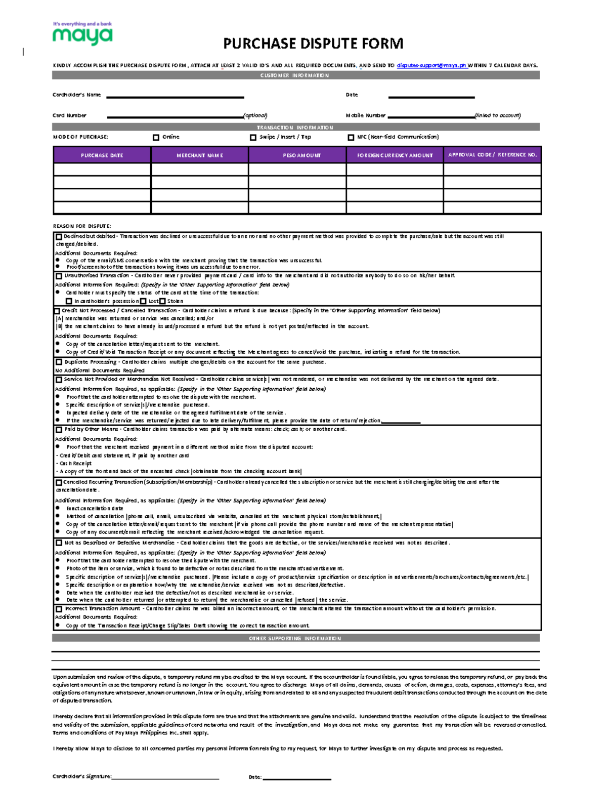 Maya Purchase Dispute Form Instructions and Guidelines - Studocu