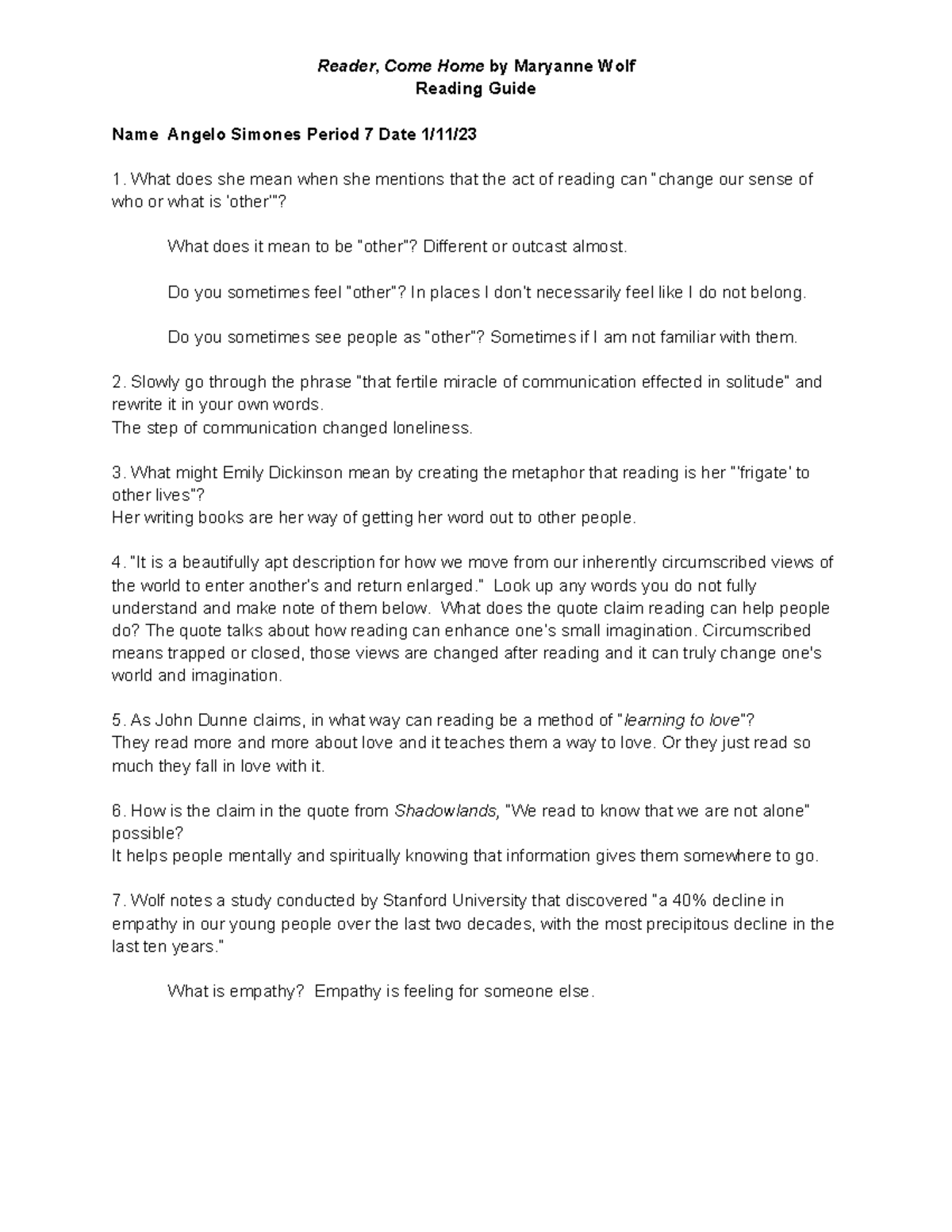 ENG 101: Reader, Come Home - Reading Guide by Angelo Simones - Studocu