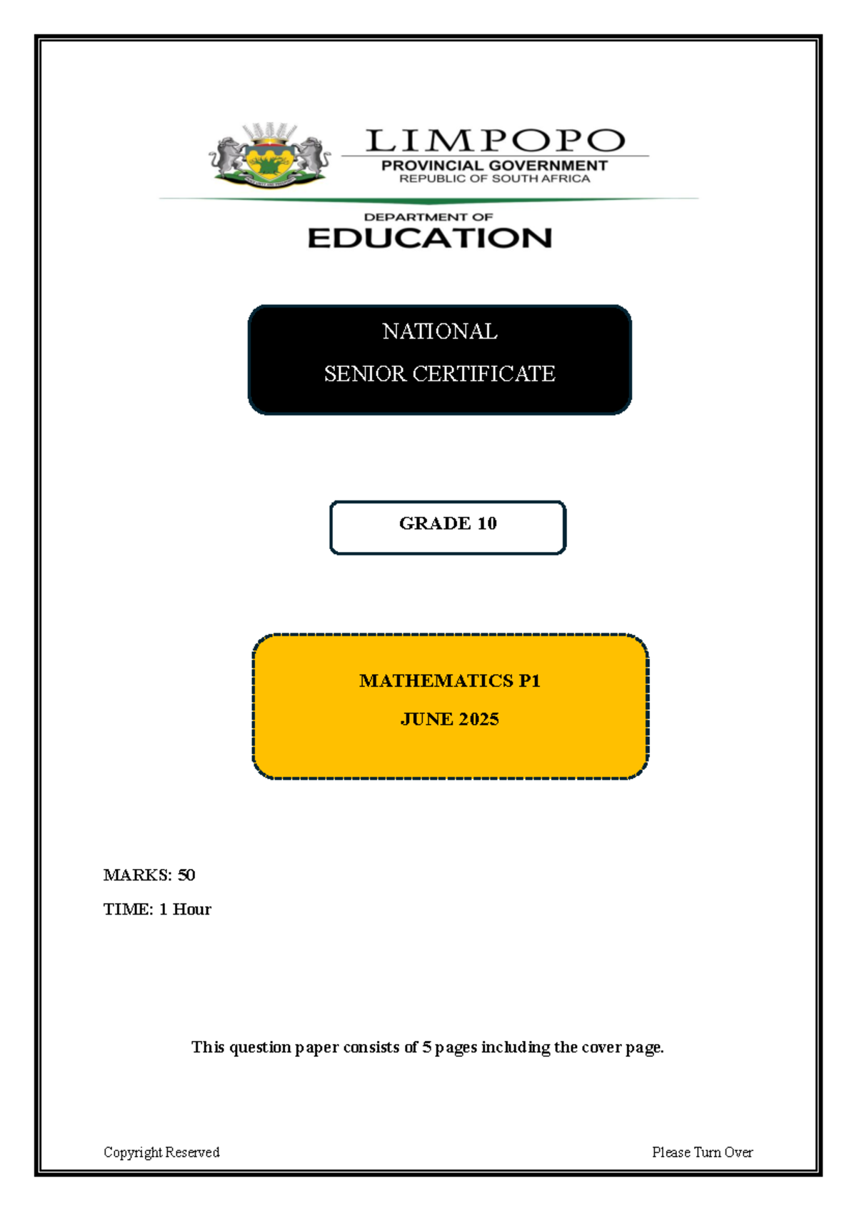 P1 2025 Limpopo NSC Grade 10 Maths June Exam Paper - Studocu