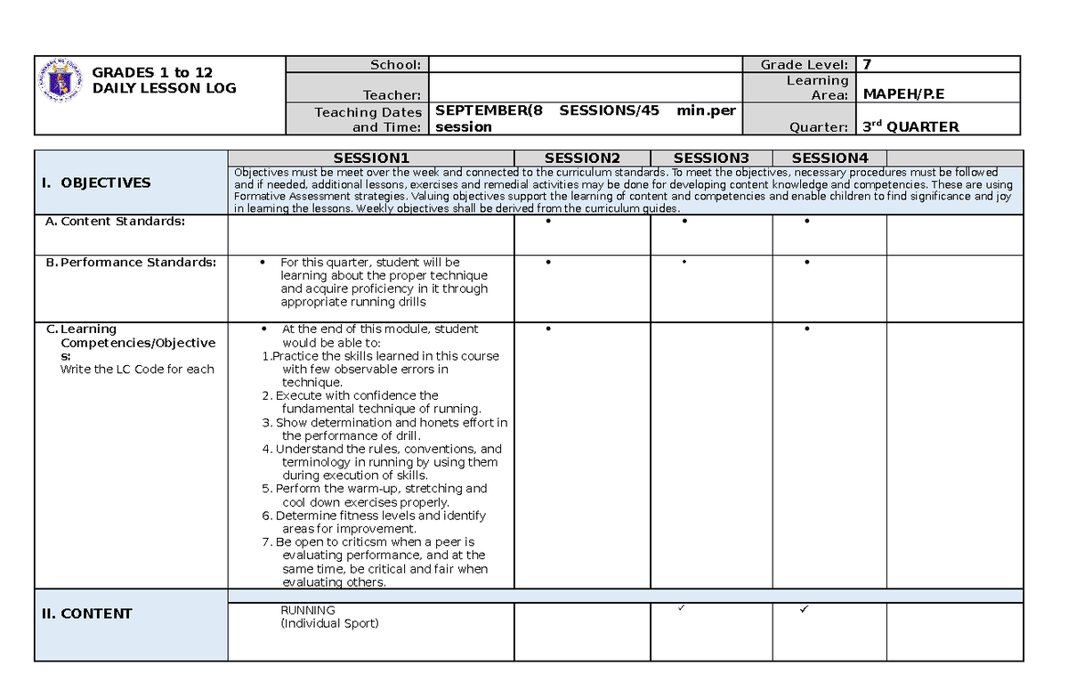 G7 MAPEH PE Daily Lesson Log - 3rd Quarter Session Plans - Studocu