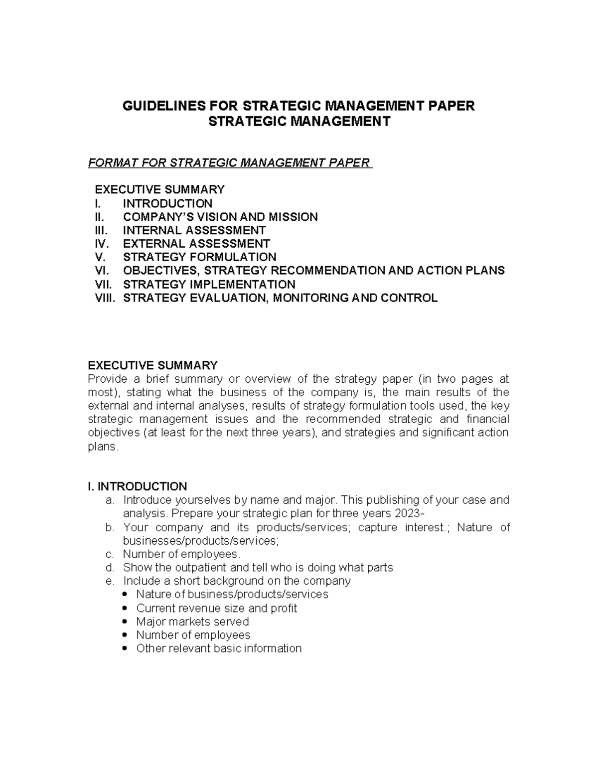 Guidelines FOR Strategic Management Paper Strategic Management ...