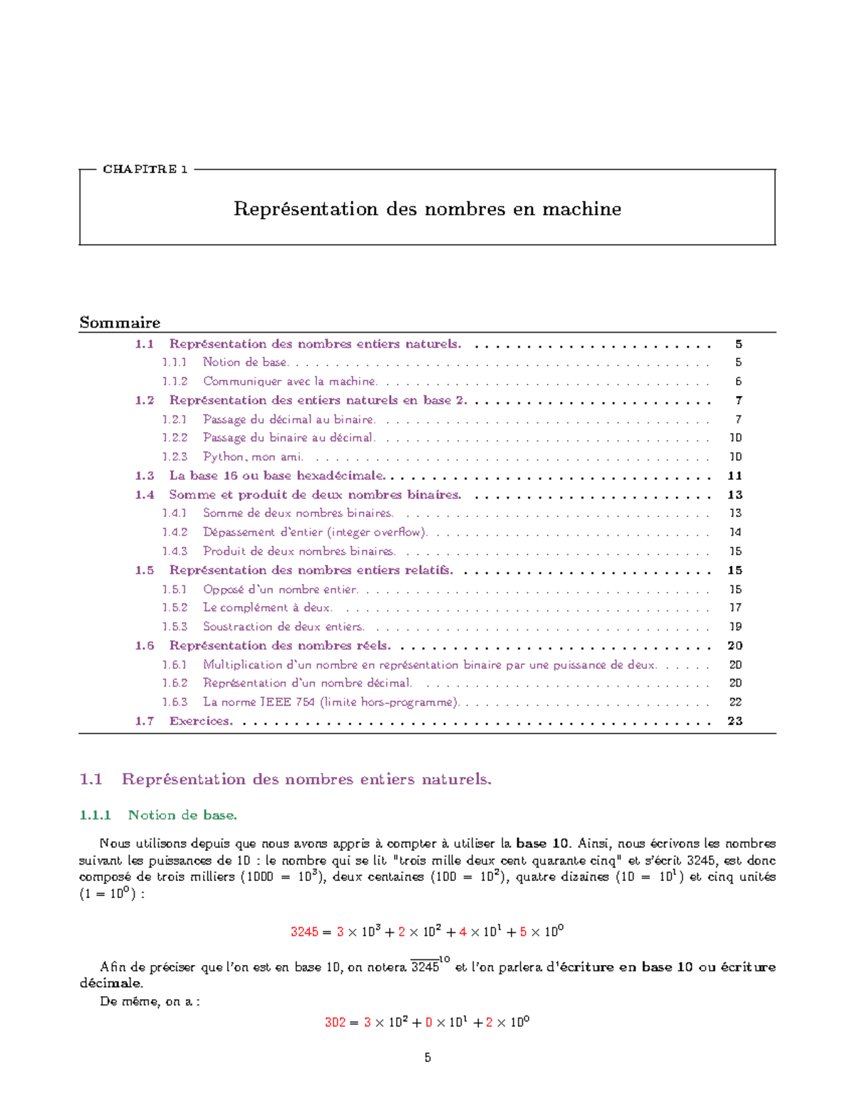 NSI 01 - Chapitre sur la Représentation des Nombres en Machine - Studocu