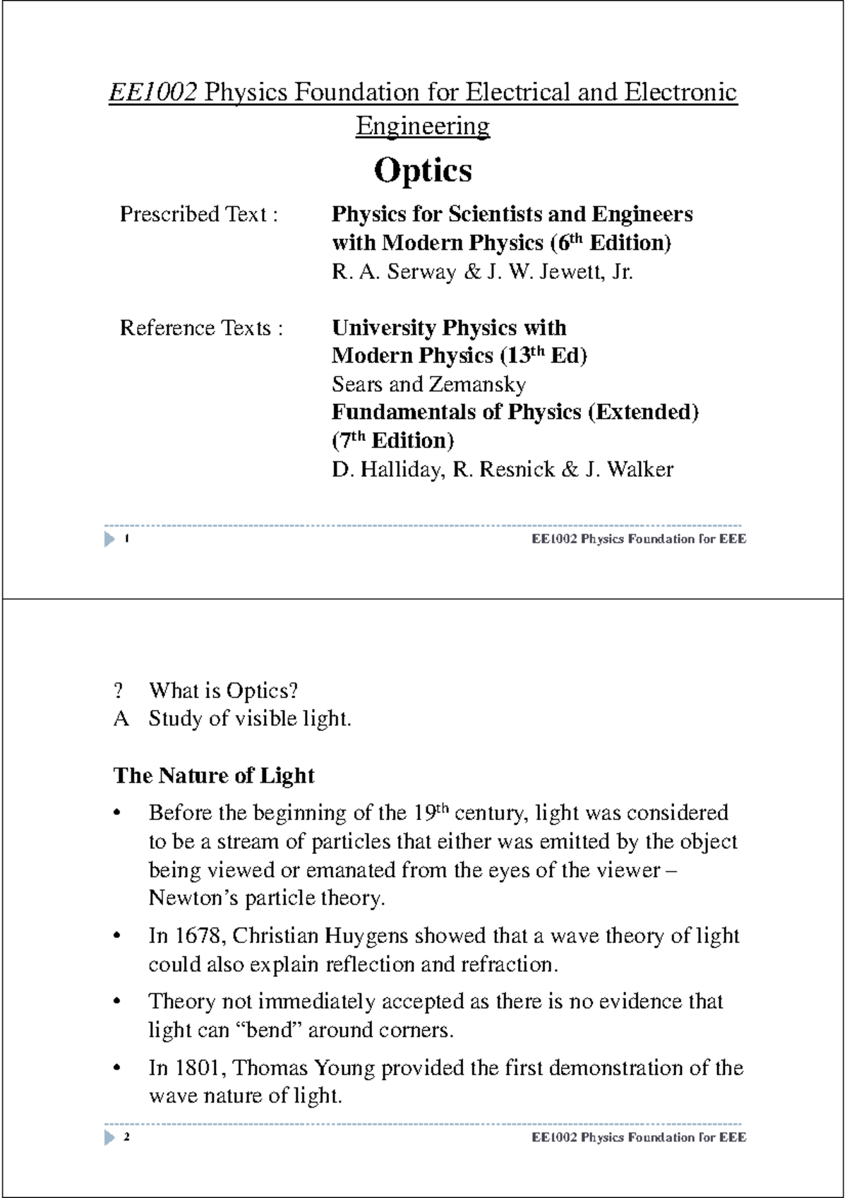 EE1002 Optics Lecture Notes: Foundations of Light and Its Behavior ...