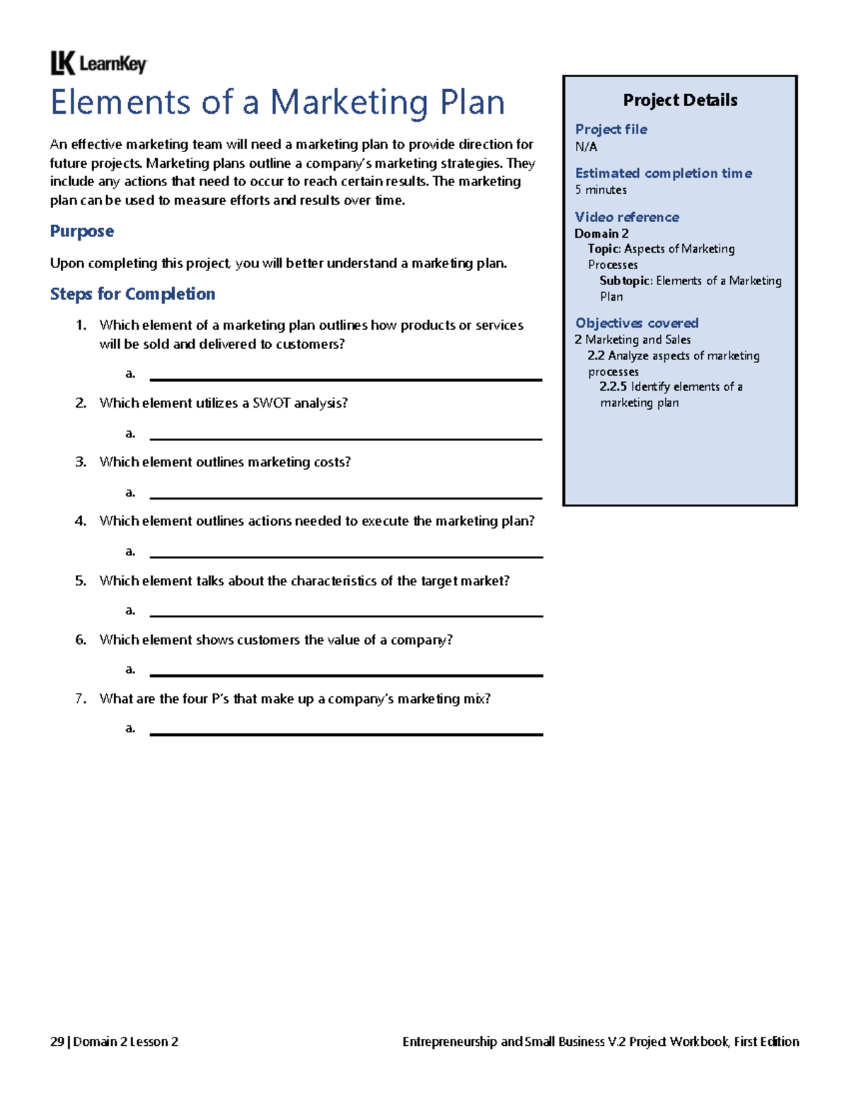 Elements of a Marketing Plan - Worksheet for Domain 2, Lesson 2 - Studocu