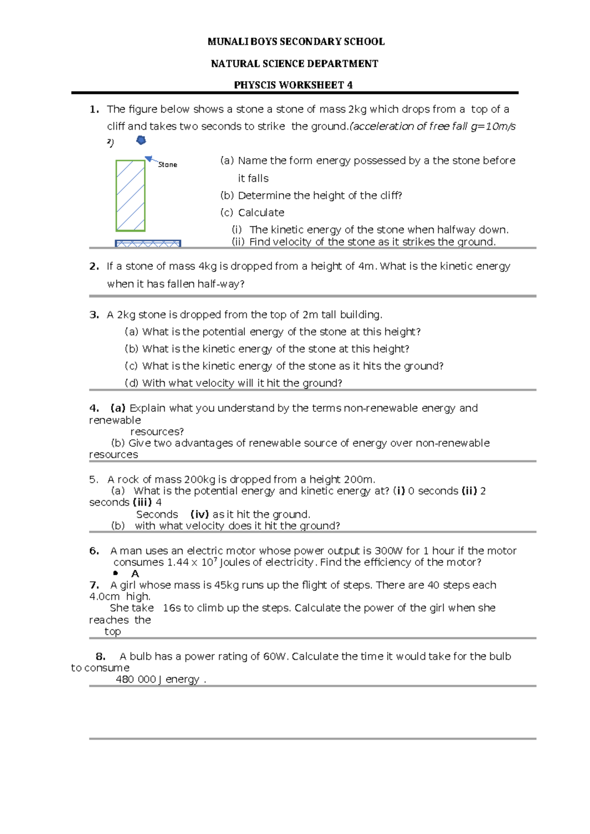 Work, Energy and Power: Physics Worksheet 4 for MUNALI BOYS SCHOOL ...