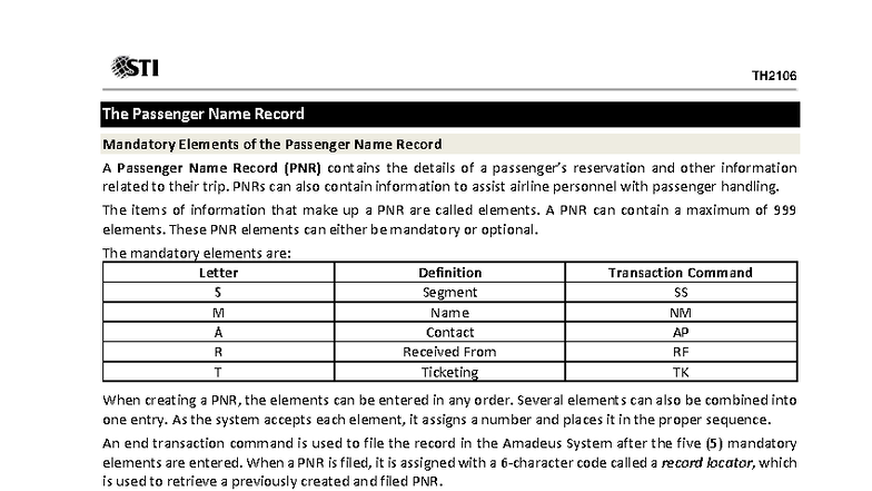 TH2106 Mandatory Elements of Passenger Name Record (PNR) - Studocu