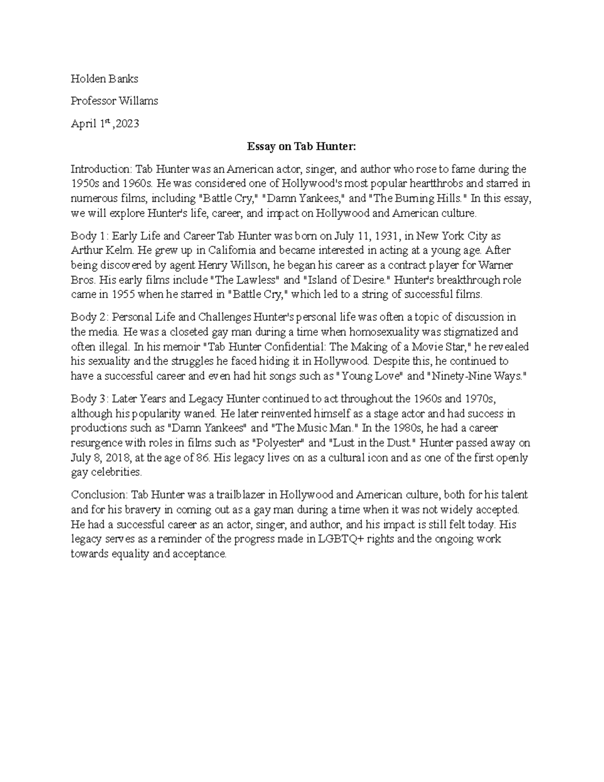 Essay on Tab Hunter: His Life, Career, and Cultural Impact - Studocu