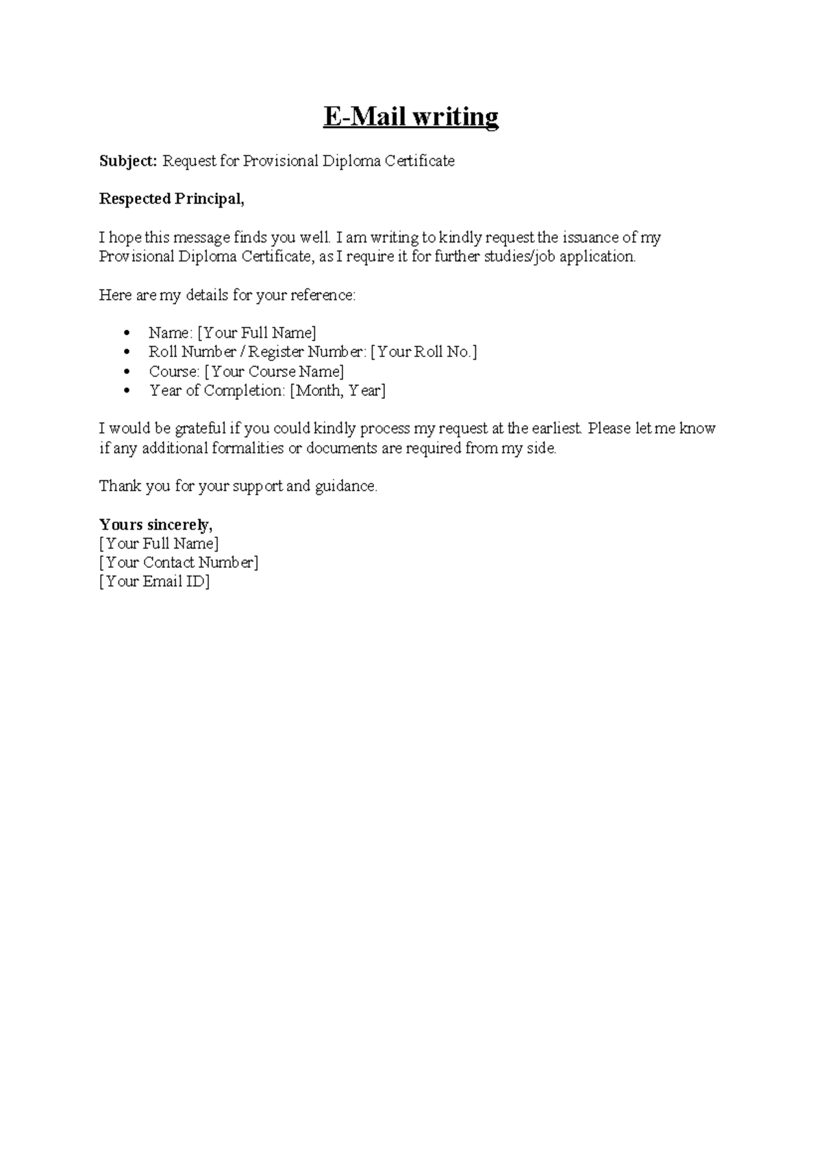 E mail writing example - E-Mail writing Subject: Request for ...