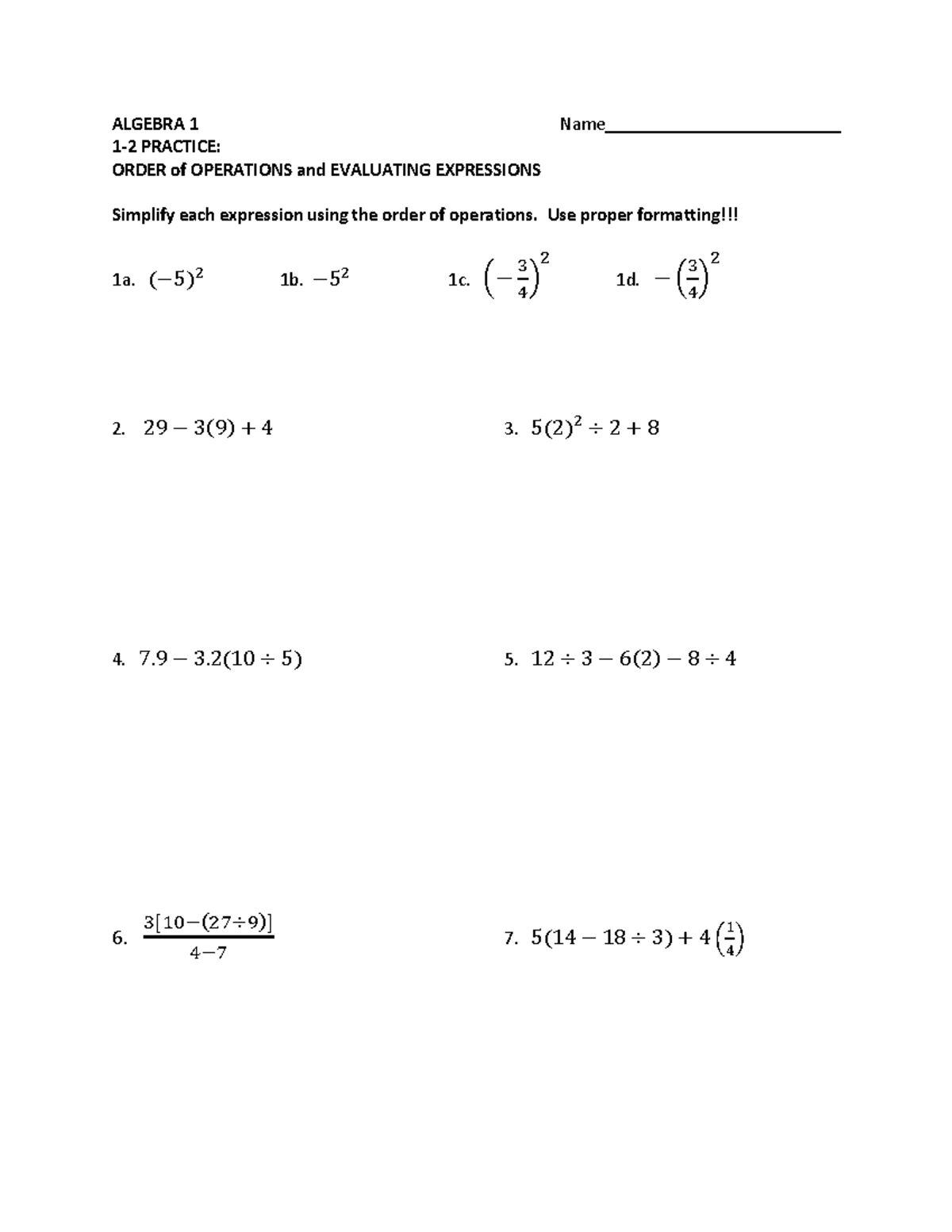 ALGEBRA 1: ORDER of OPERATIONS & EVALUATING EXPRESSIONS Lecture - Studocu