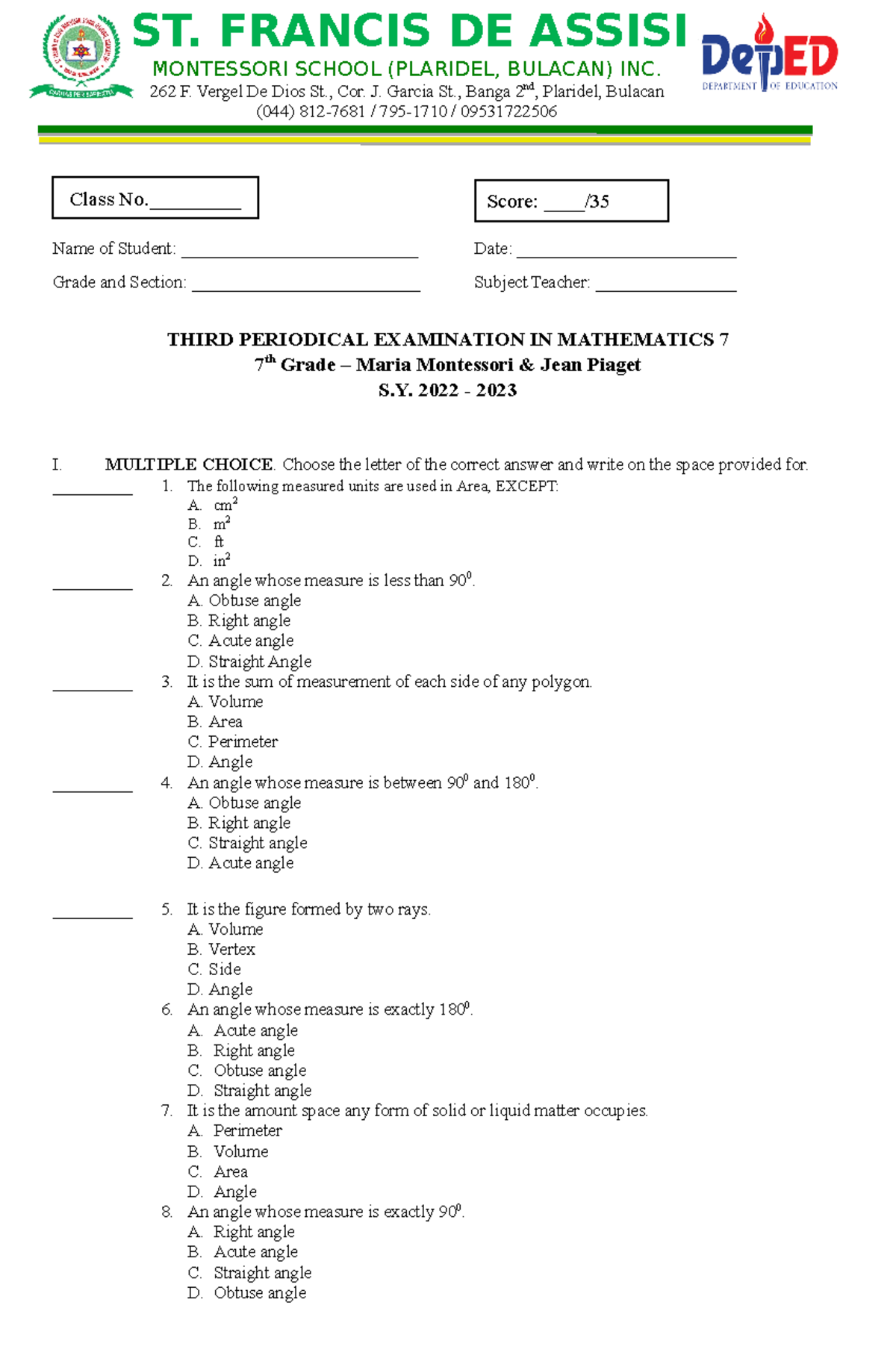 3RD Periodic exam (Grade 7) - Name of Student ...