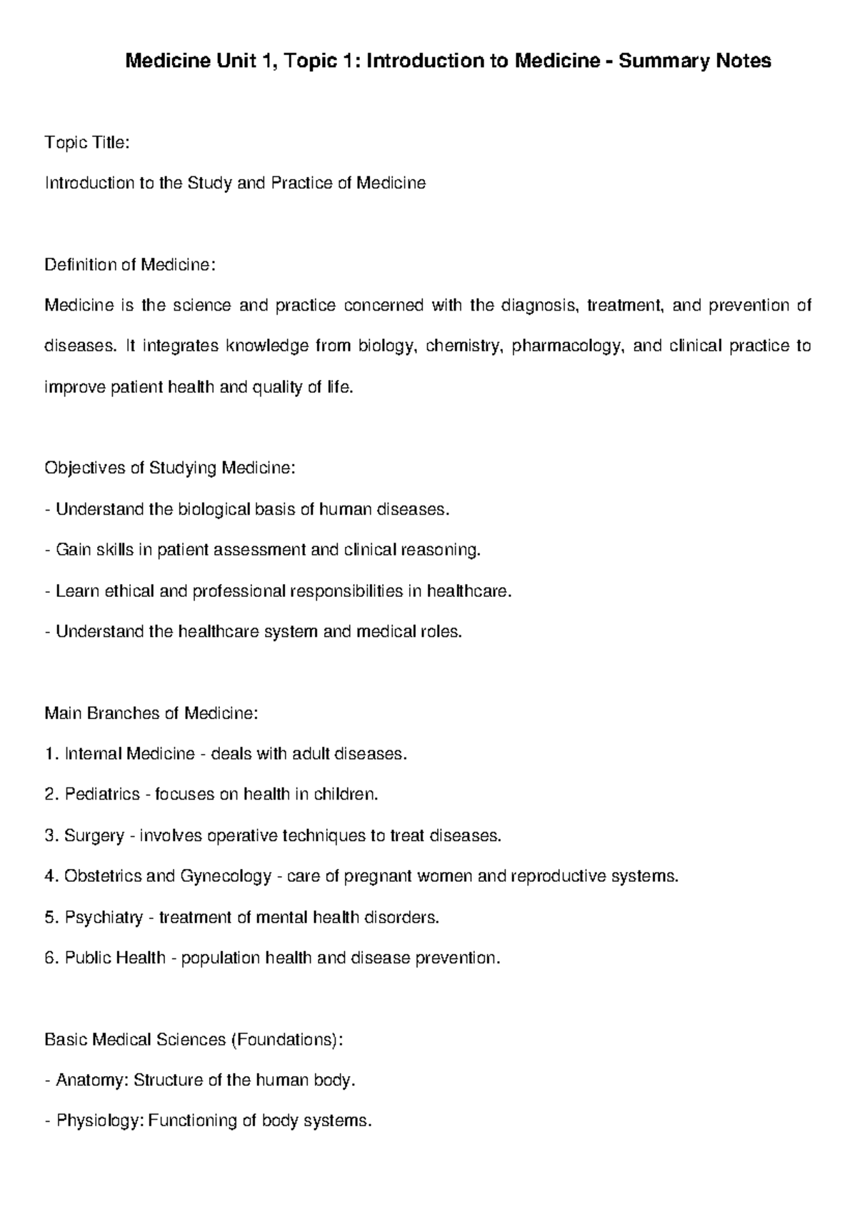 Medicine Unit 1: Intro to Medicine Summary Notes - Studocu