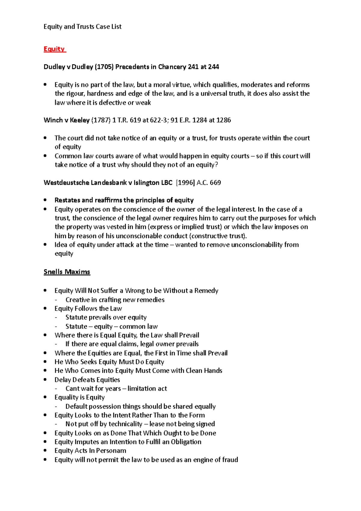 Equity and Trusts Case Summaries: Key Precedents and Maxims - Studocu