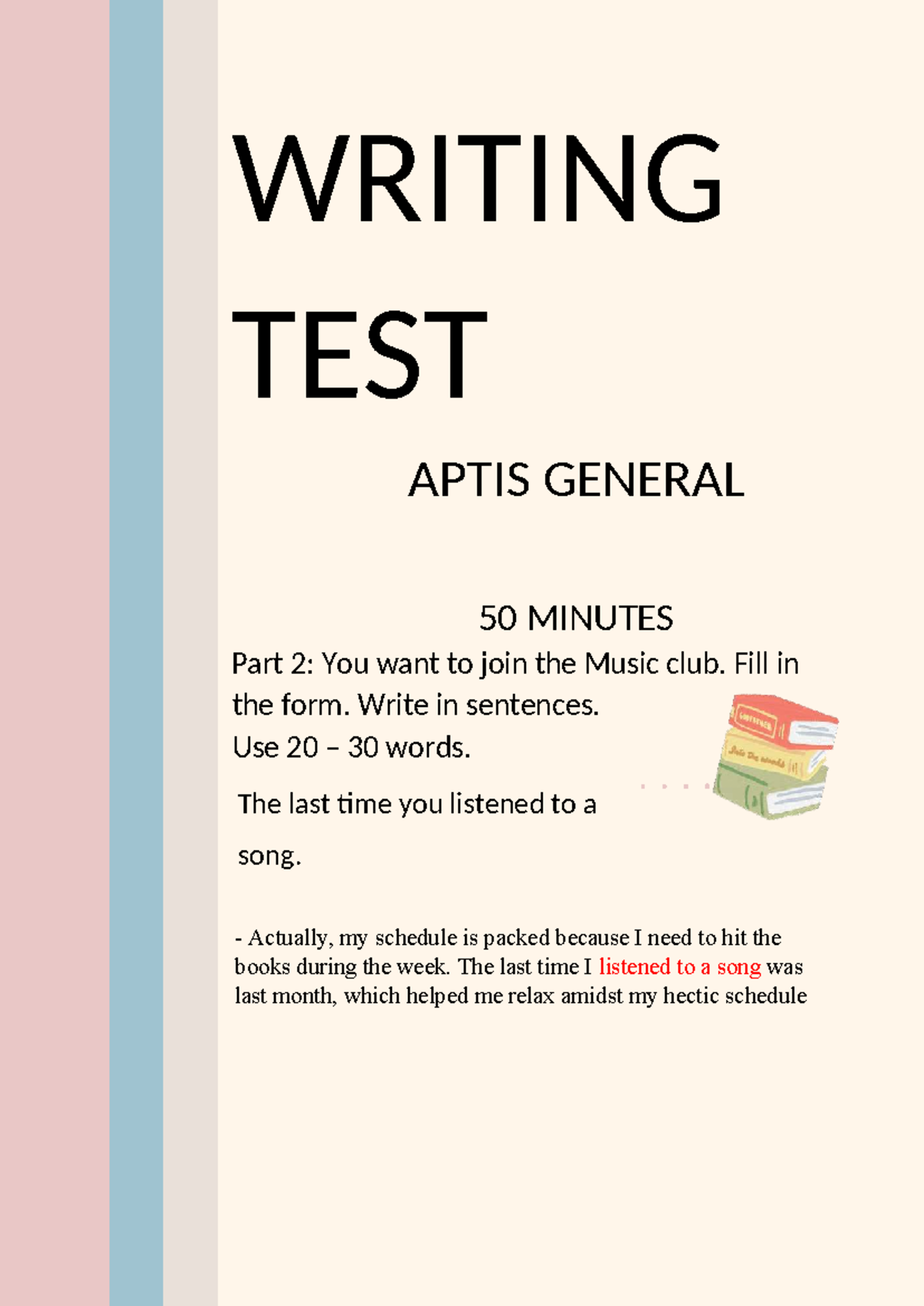 APTIS GENERAL Writing Test: Music Club Application & Discussion - Studocu