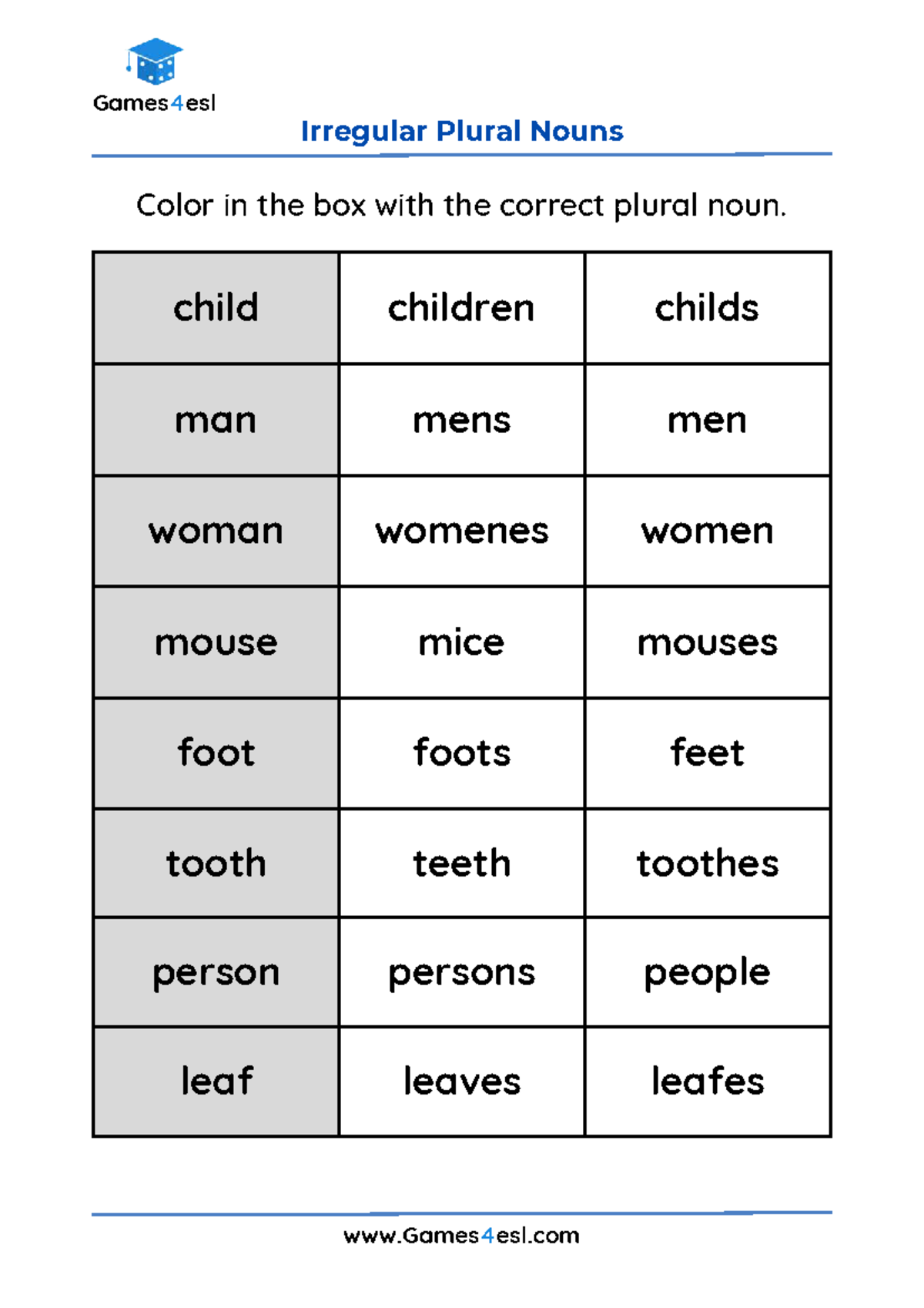 Noun Worksheets 7 Irregular Plural Nouns - child children childs man ...