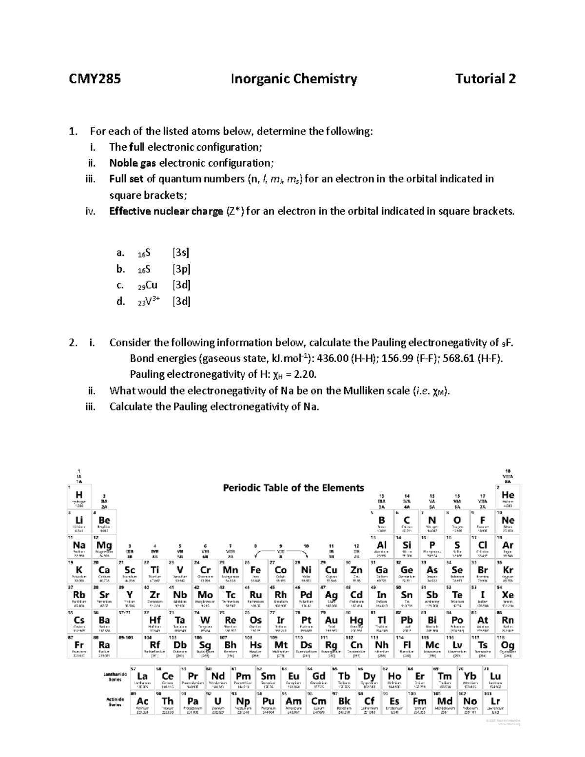CMY285 Tutorial 2: Electronic Configurations & Electronegativity ...