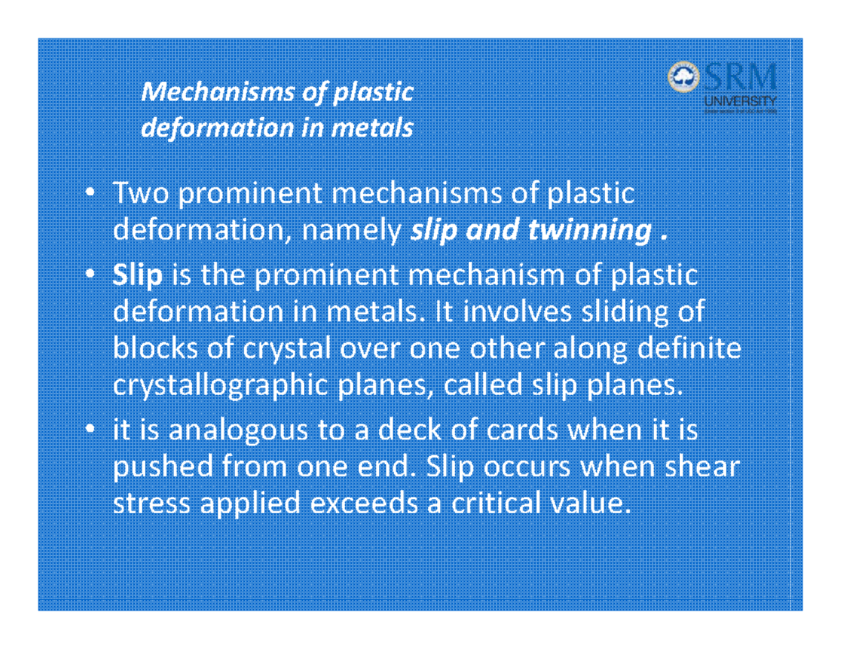 Mechanisms of Plastic Deformation in Metals - MT&E Module 5 PDF - Studocu