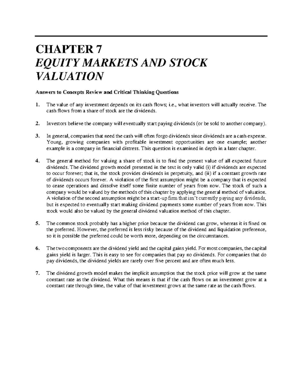 BA2802 Chapter 7: Equity Markets & Stock Valuation Concepts Review ...