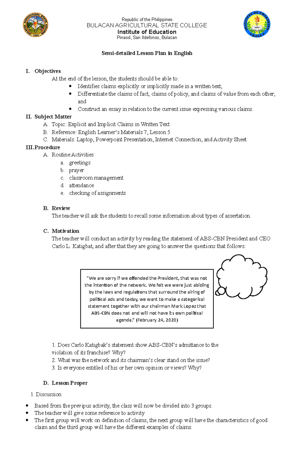 Semi-Detailed Lesson Plan on Explicit & Implicit Claims in English ...