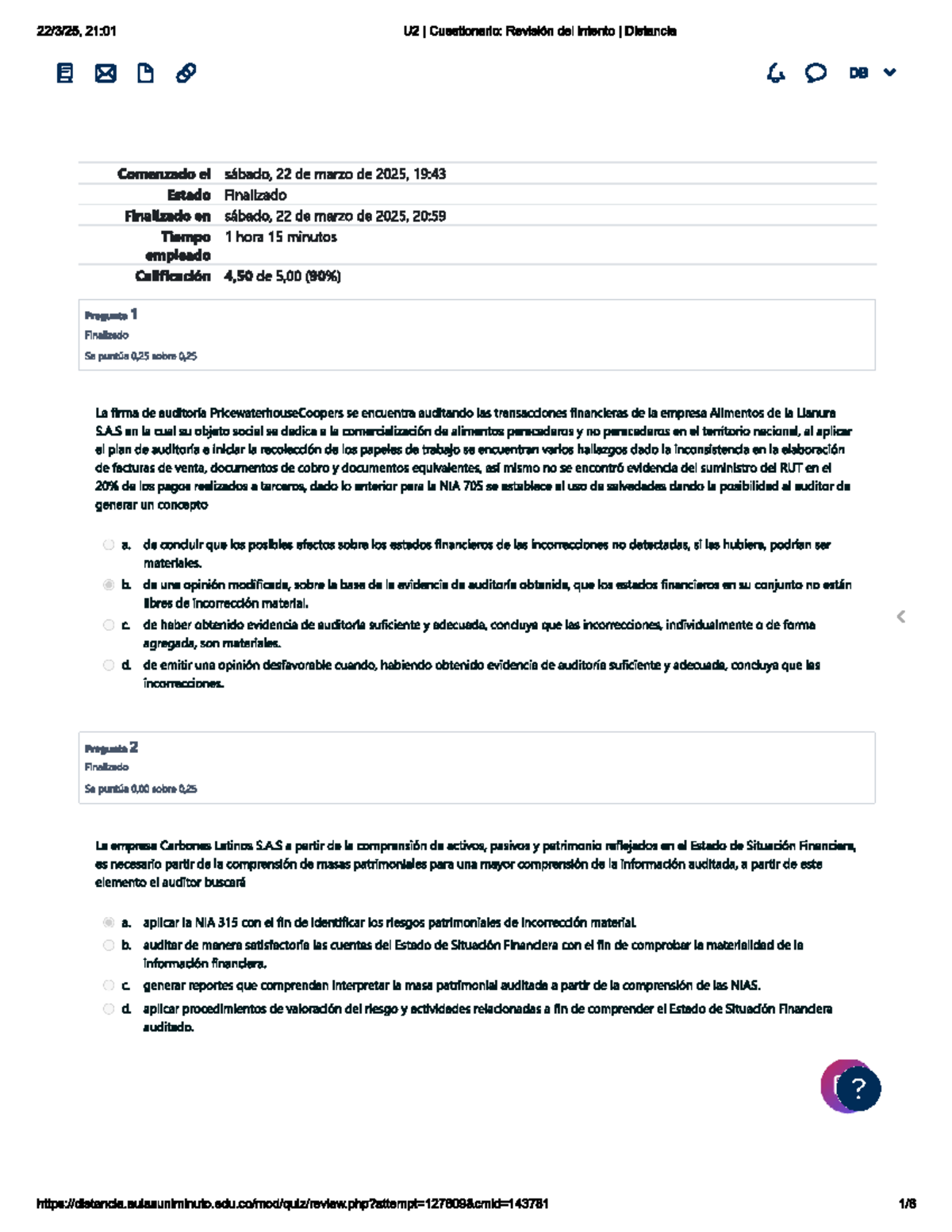 Evaluacion Auditoria - 00 mnnñn{ - 21:01 U2 I Cuestionario: Revisión ...