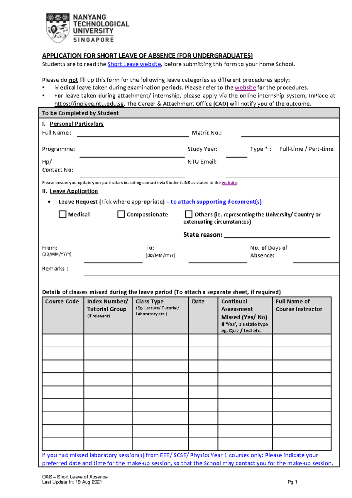 Short Leave Application Form (OAS) for Undergraduates - Important ...