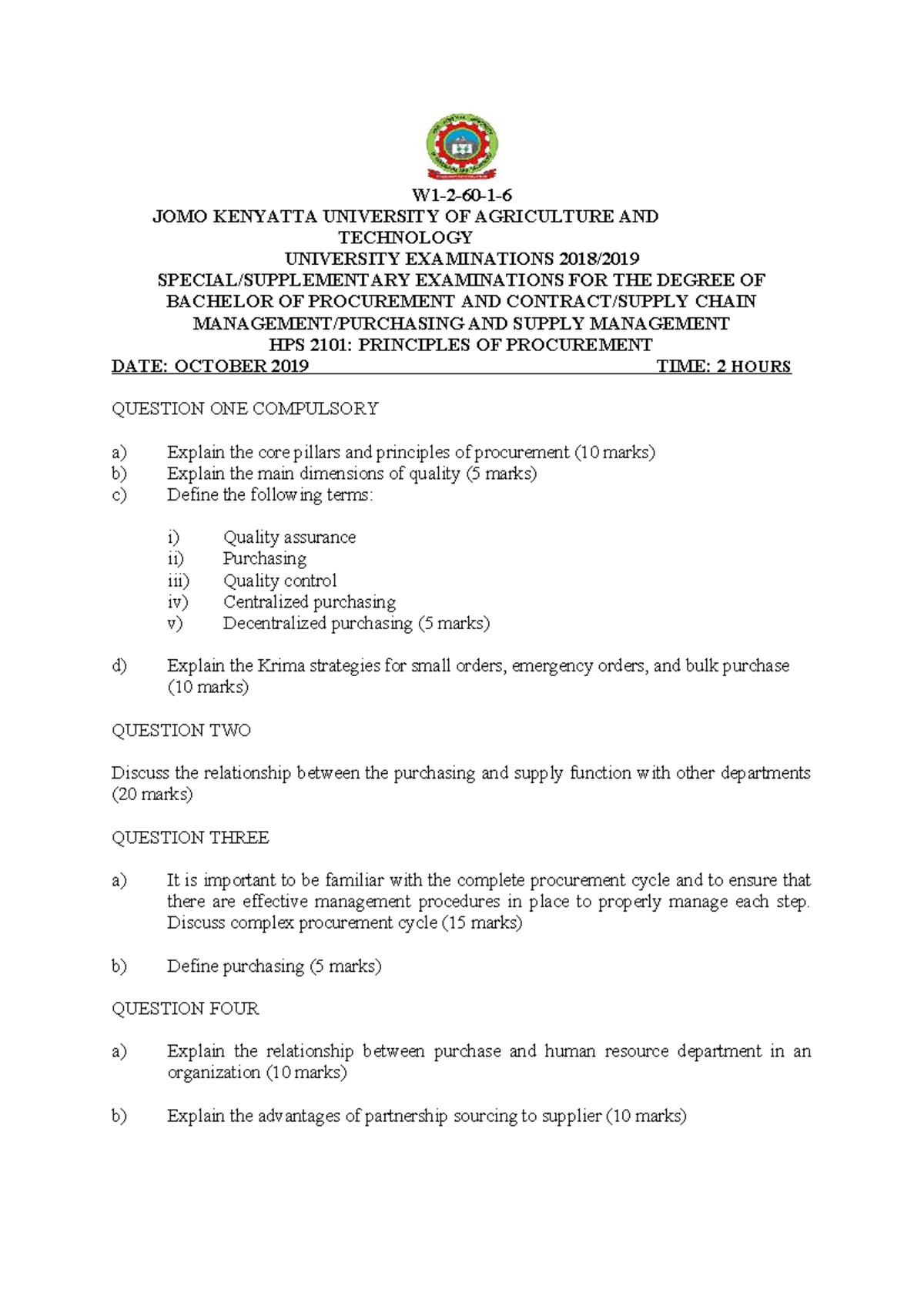 HPS 2101: Principles of Procurement Exam Questions - Oct 2019 - Studocu
