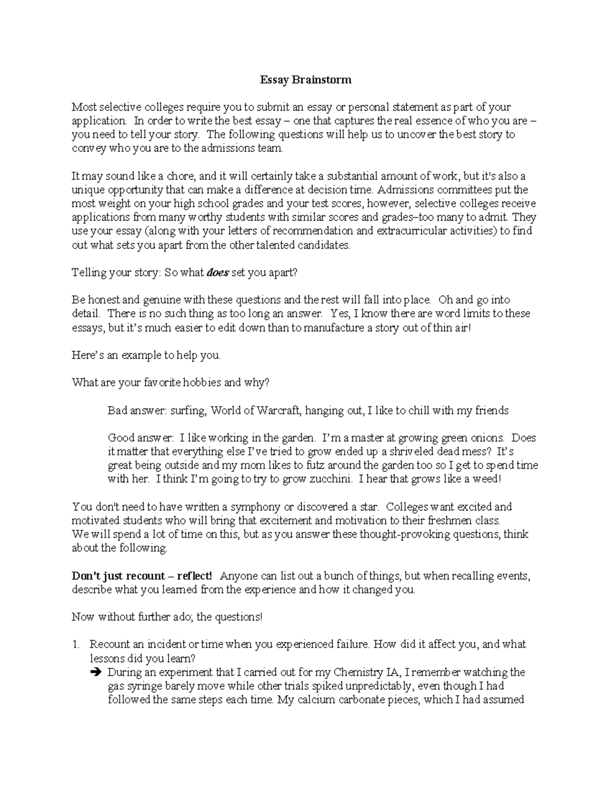 Complete Essay Brainstorm for College Applications - Studocu