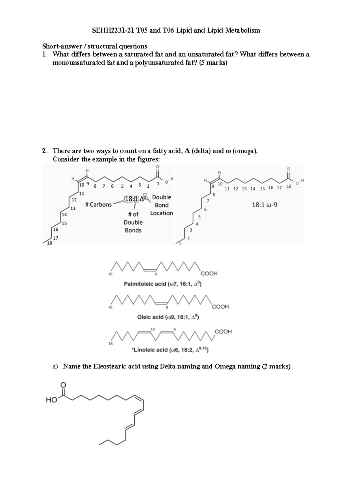 SEHH2231-22 T06 Lipid and Lipid Metabolism Exercise Questions & Key ...