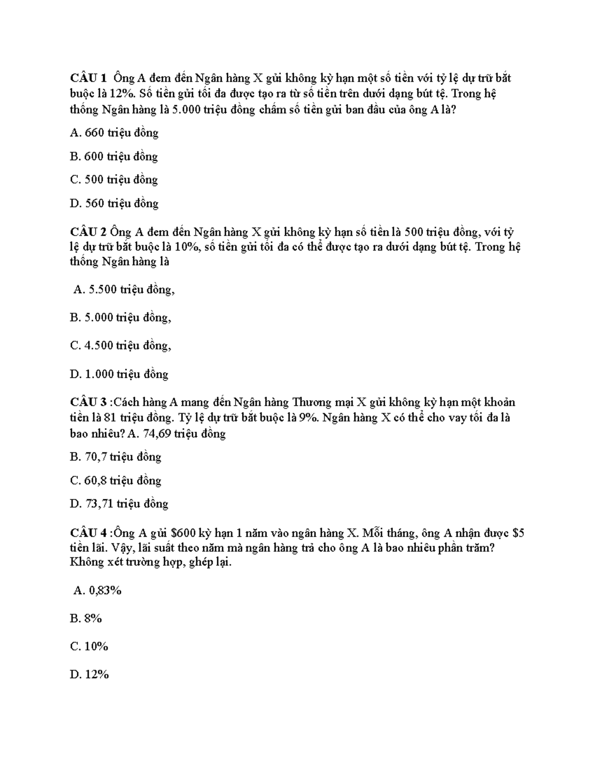 Đề thi giữa kỳ môn Ngân hàng - Câu hỏi và đáp án - Studocu