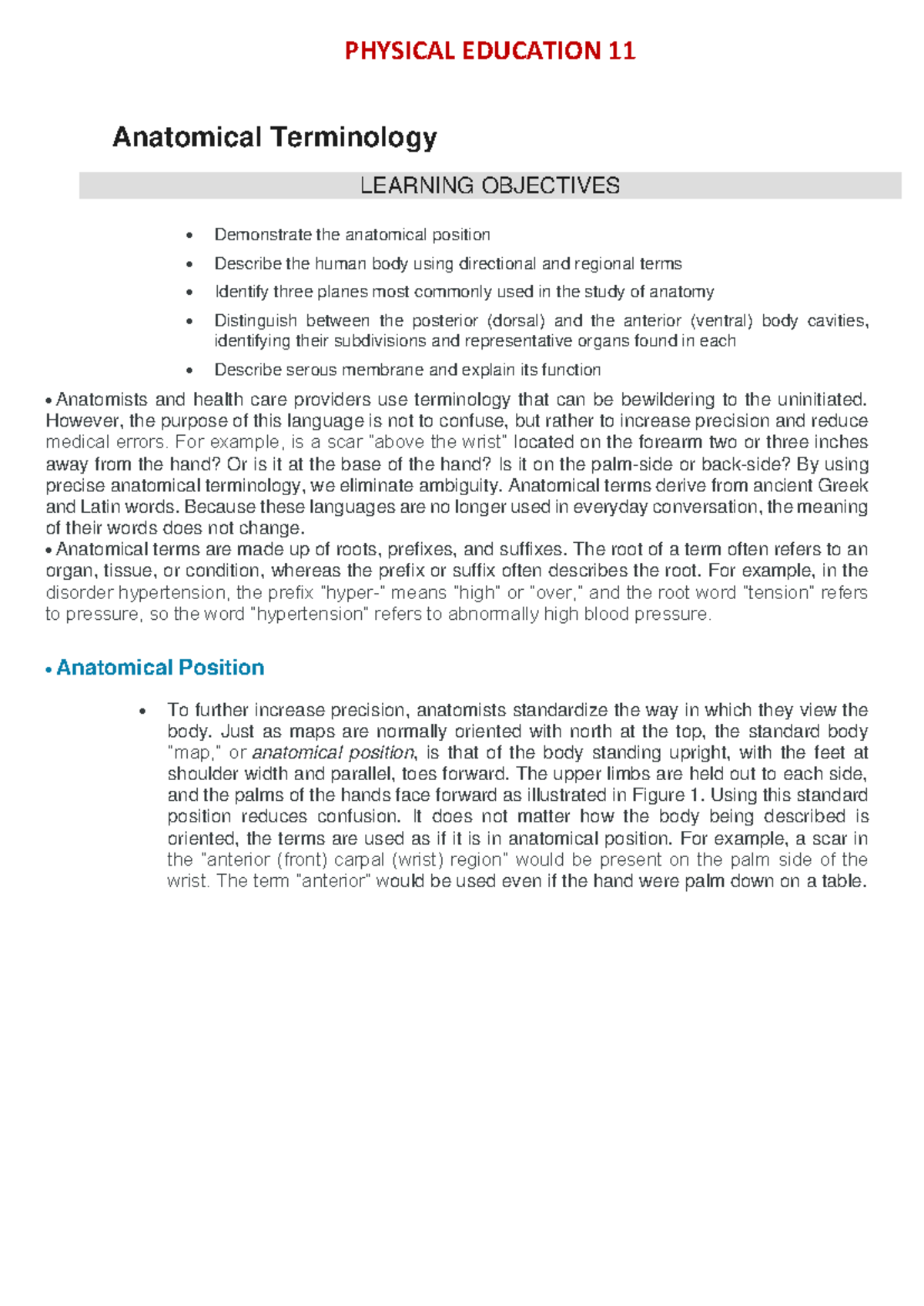 Hand out 3 -LESSON 3 - PHYSICAL EDUCATION 11 Anatomical Terminology ...