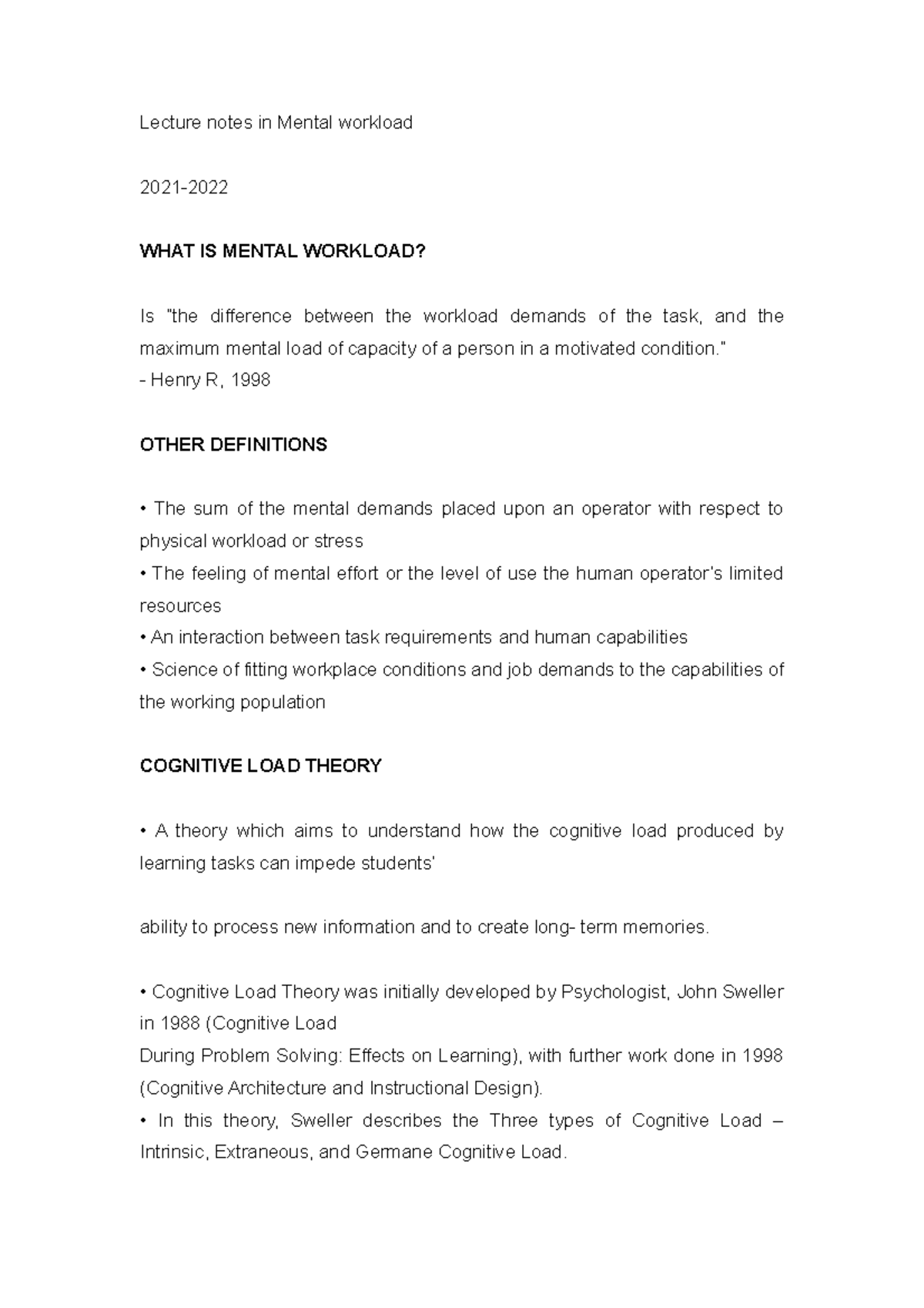 Lecture notes in Mental workload - Lecture notes in Mental workload ...