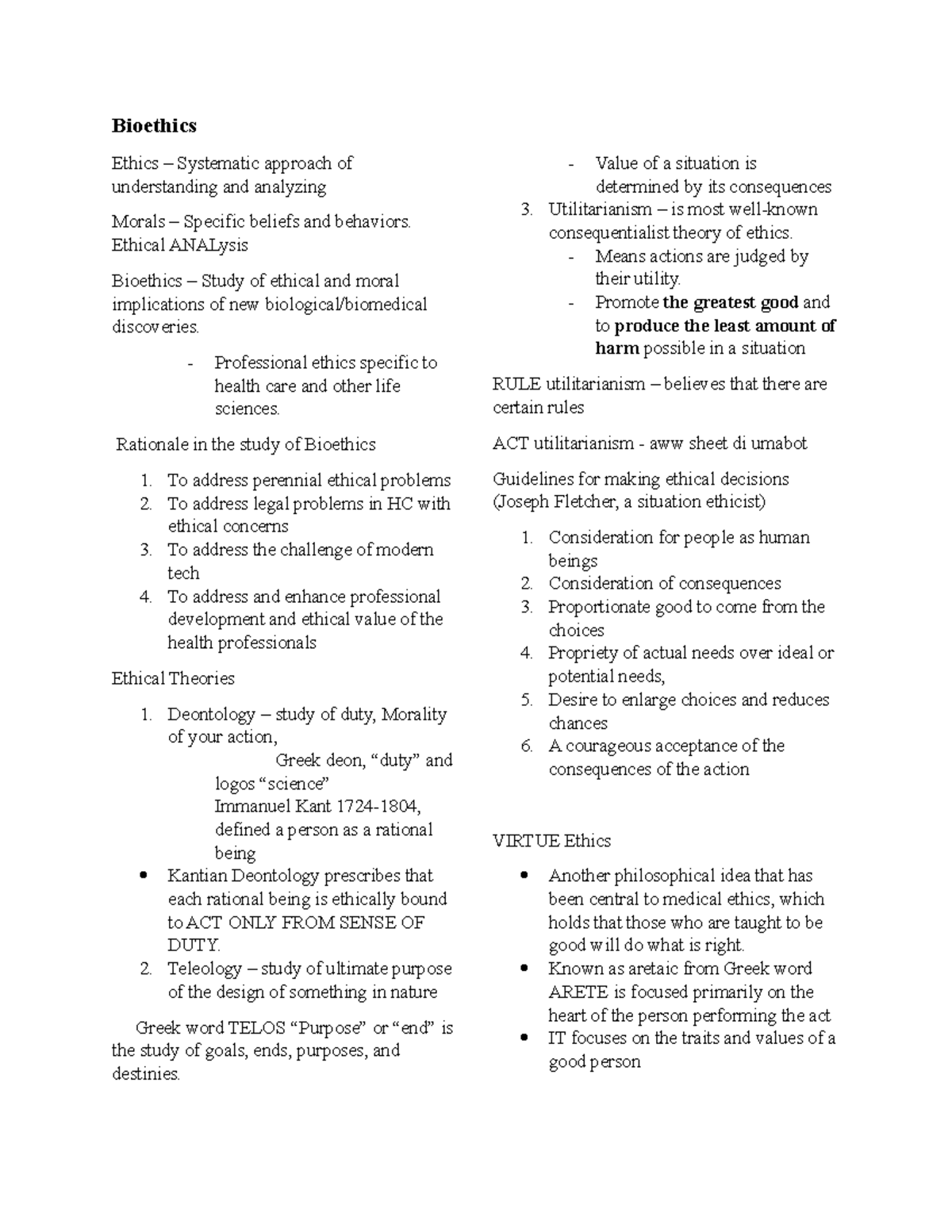 Bioethics Lecture Notes Reviewer: Key Concepts and Ethical Theories ...