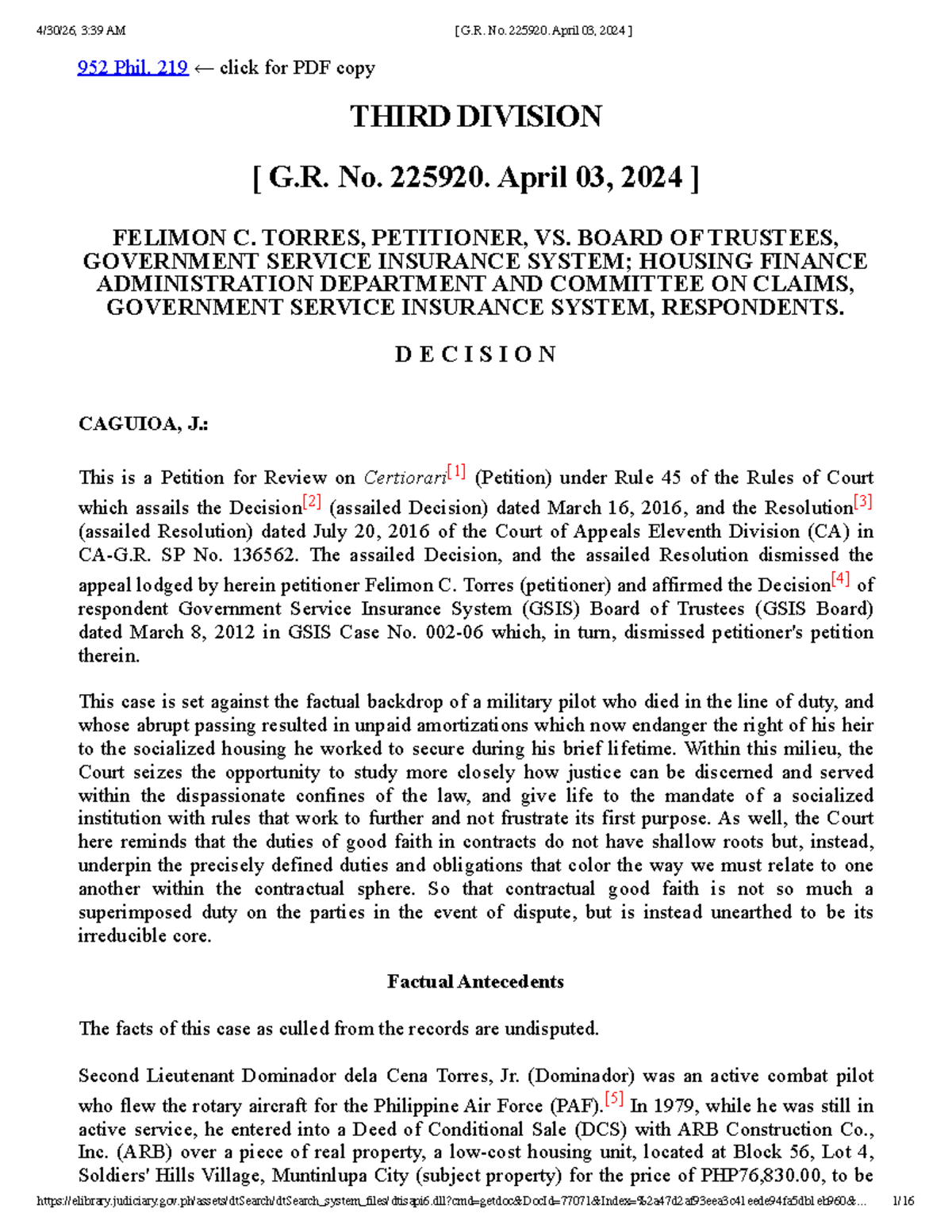 G.R. No. 225920: Torres vs. BOT, GSIS - Decision Analysis (April 3 ...