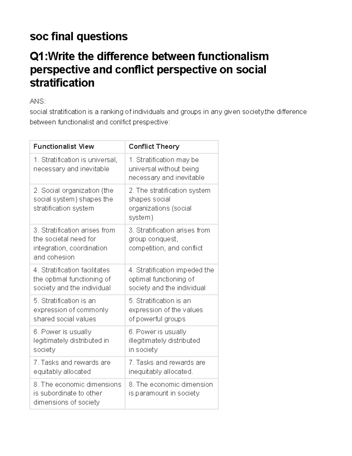 SOC 101 Final Exam: Perspectives on Social Stratification and ...