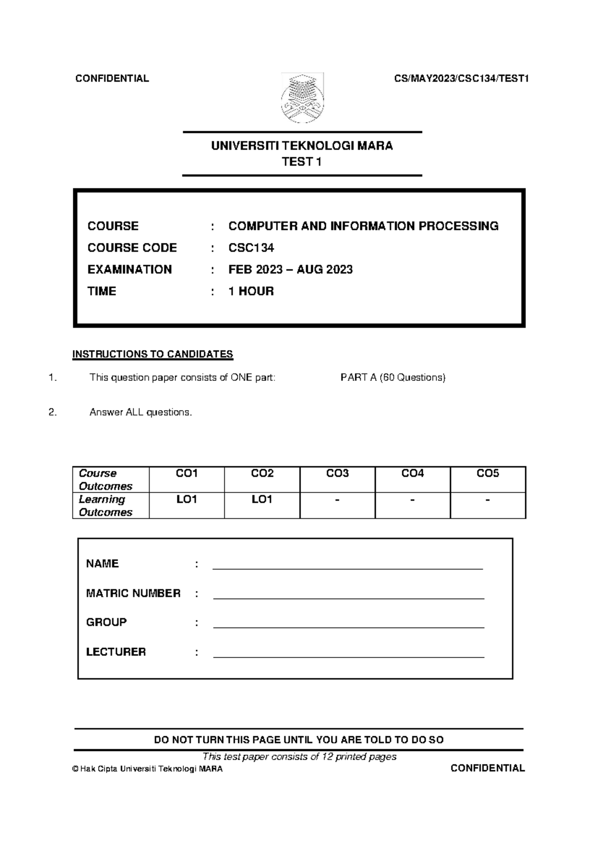 Test 1 CSC134 Computer and Information Processing - Feb 2023 - Studocu