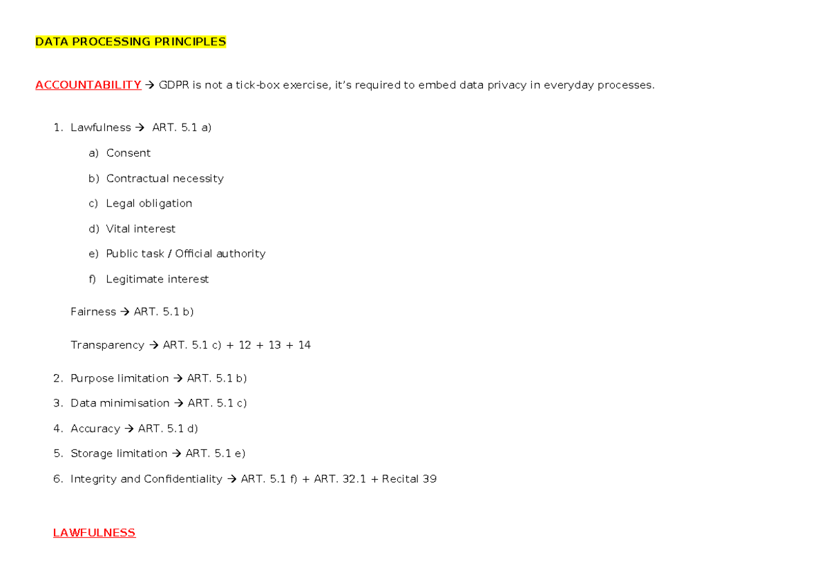 DATA PROTECTION PRINCIPLES: GDPR Compliance Overview - Studocu