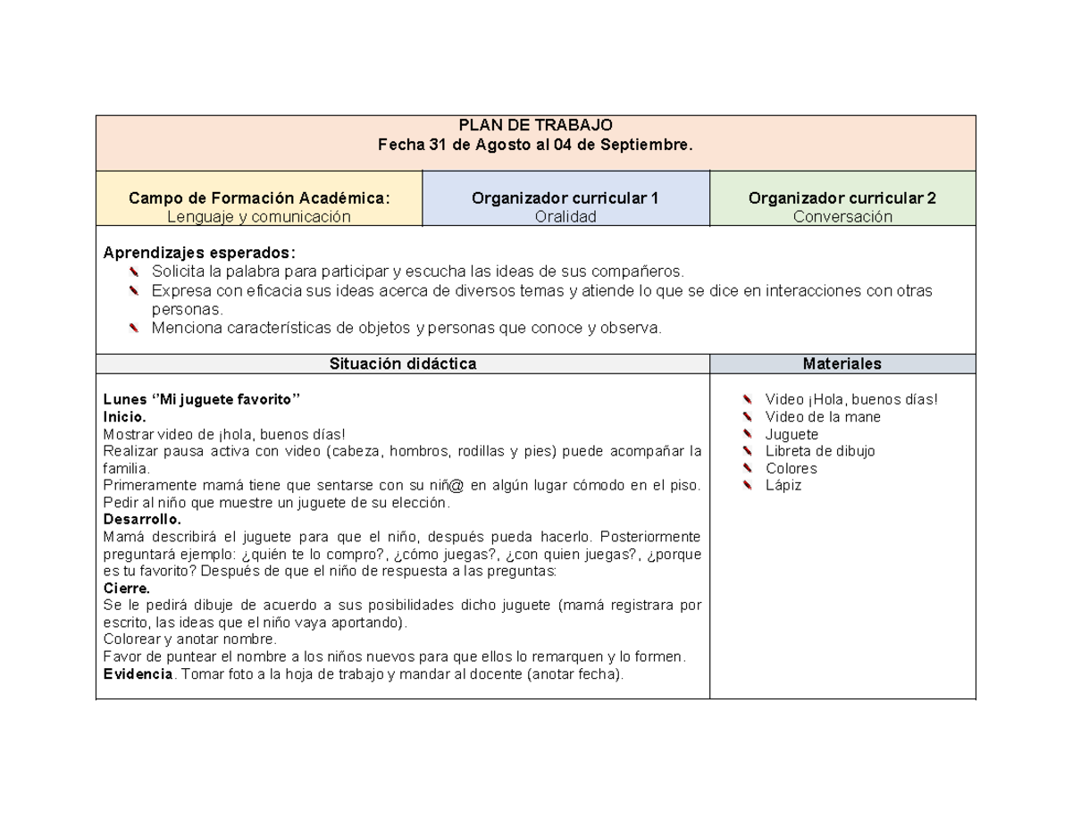 Semana 2 lenguaje y comunicacion - PLAN DE TRABAJO Fecha 31 de Agosto ...