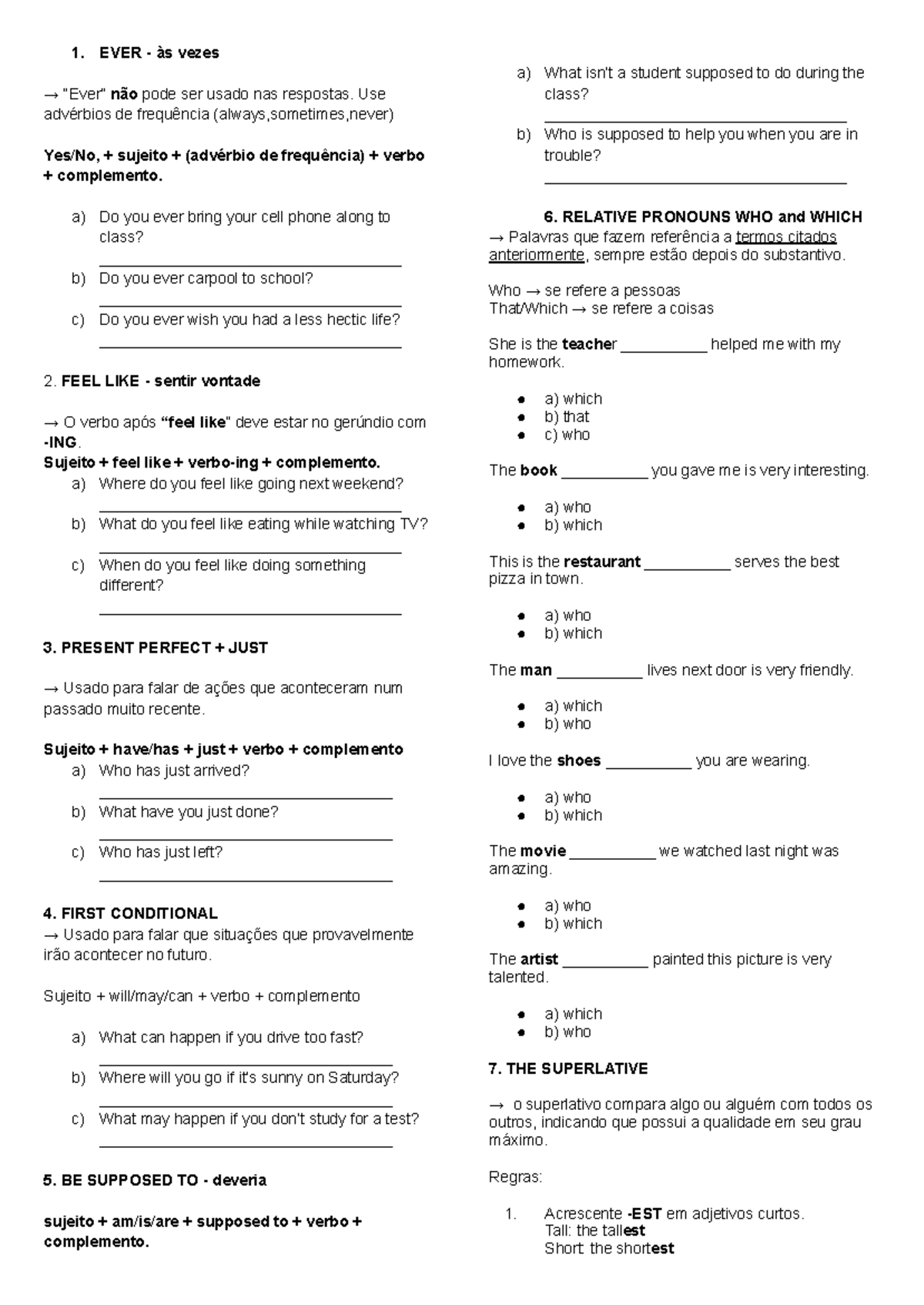Revisão para Prova - Transitions 2 (1. EVER, 2. FEEL LIKE, 3. PRESENT ...