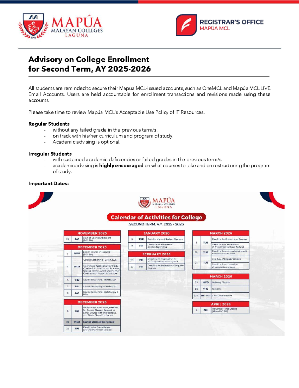 Advisory on College Enrollment for 2nd Term AY 2025-2026 - Studocu