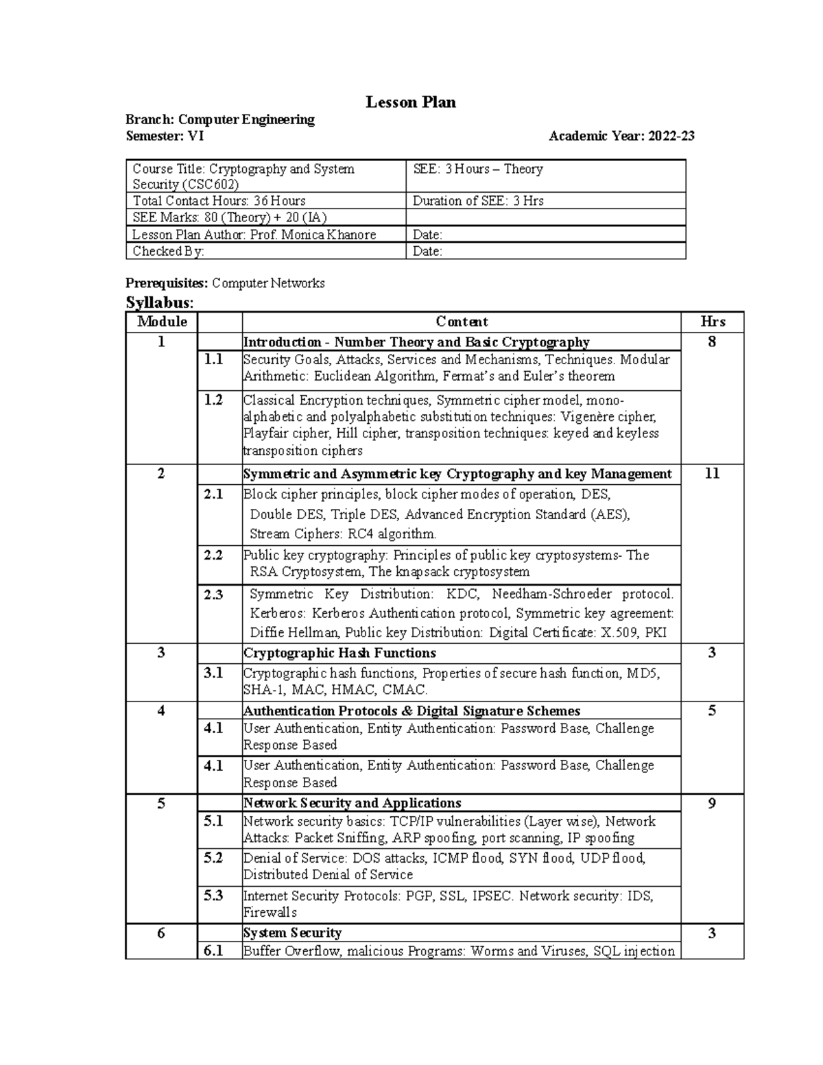 Csc602 Lesson Plan Cryptography System Security For Vi Semester