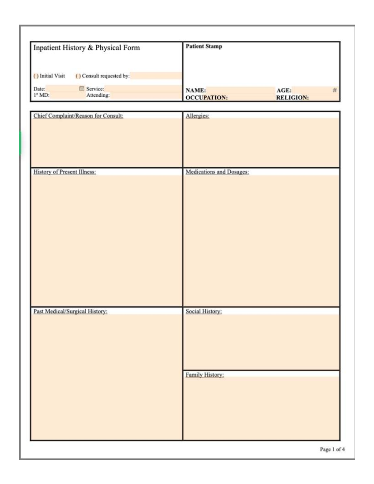 Inpatient History & Physical Form: Initial Visit Documentation - Studocu